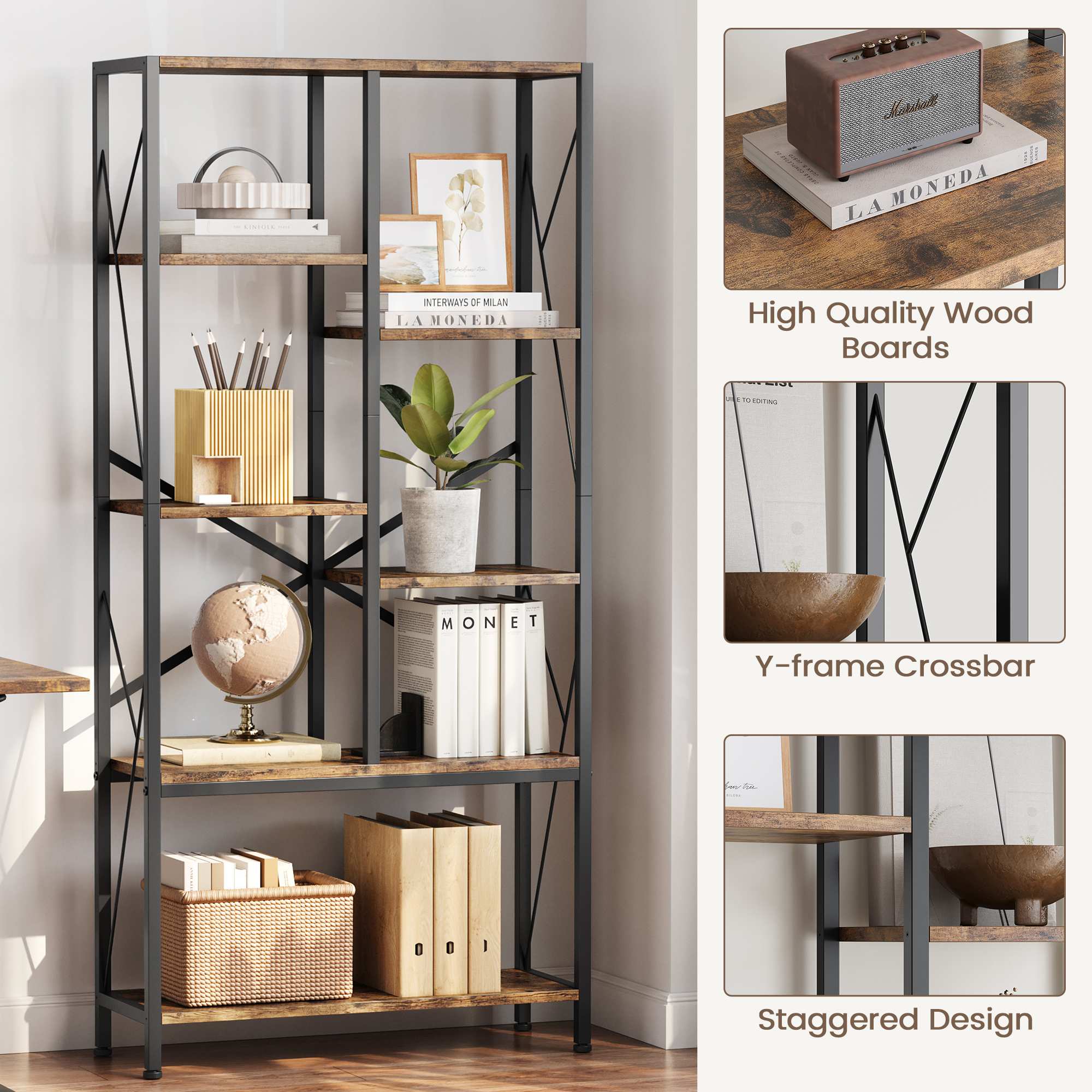 Garvee 69.48in Industrial Bookshelf Split Level Vintage Storage ...