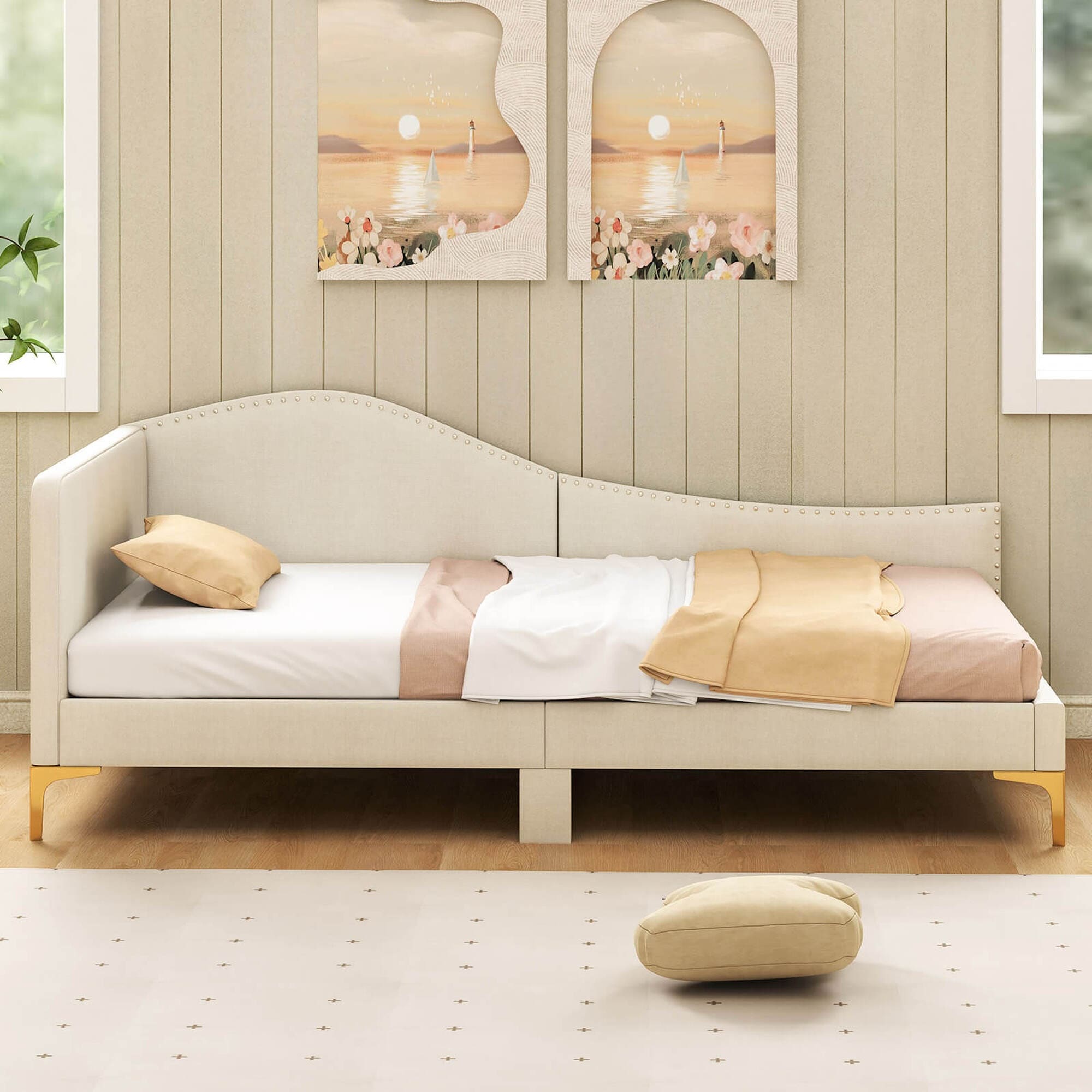 Costway Twin Size Upholstered Daybed Rivet-Tufted Platform Bed with ...