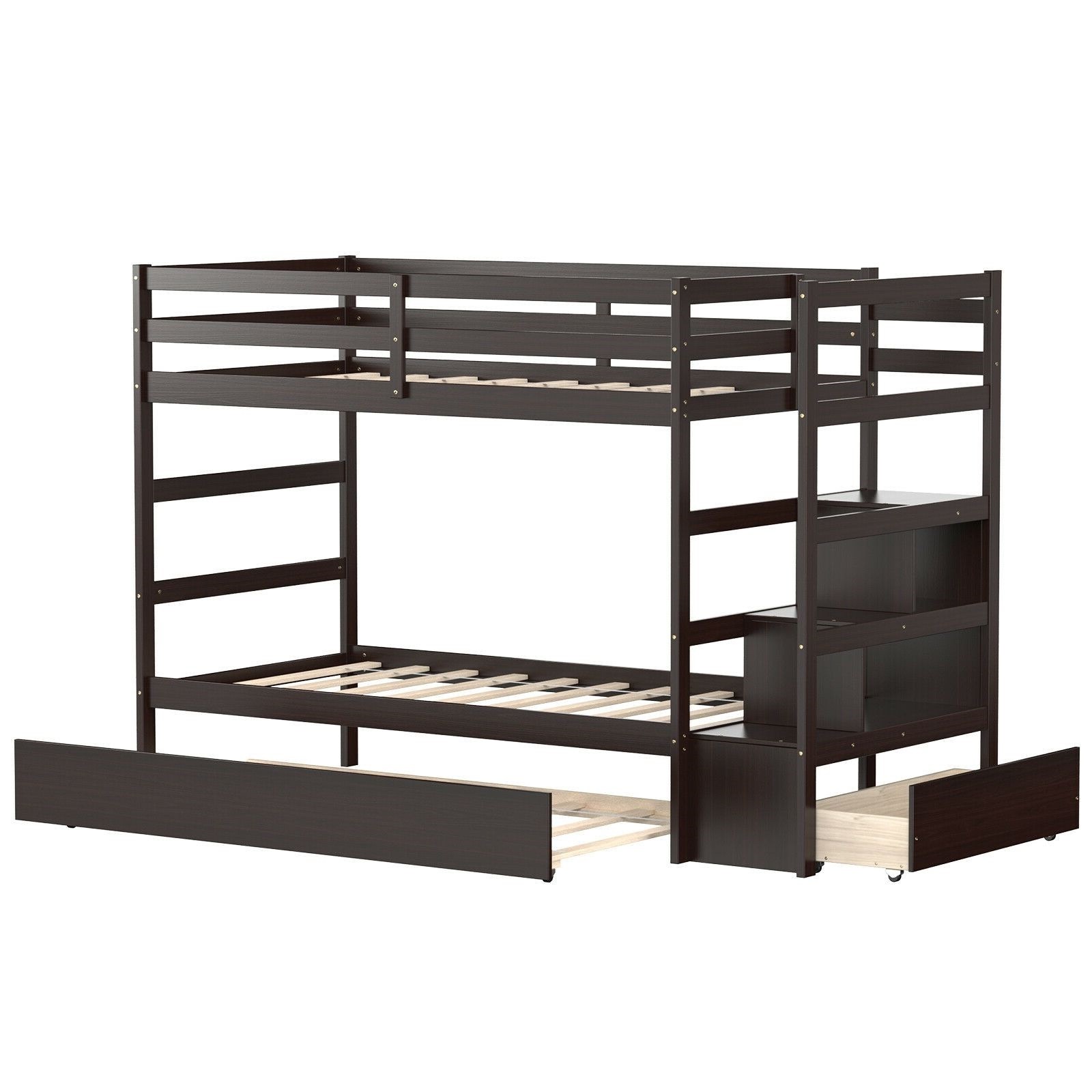 Slickblue Space Saving Dark Brown Twin Over Twin Bunk Bed With Stairs ...