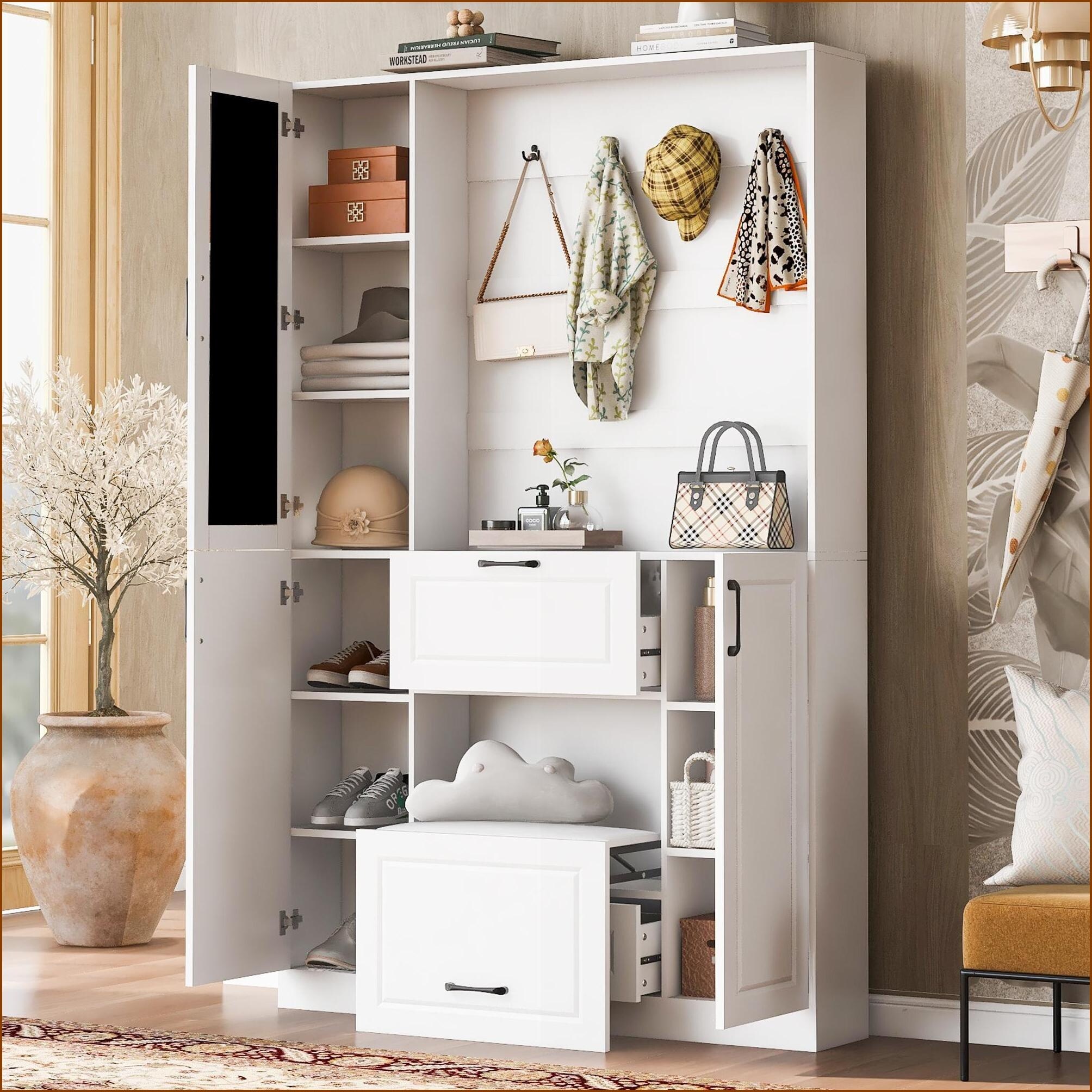 SunJet 51.1 Entryway Bench with Shoe Cabinet 3in1 Hall Tree 4 Hooks ...