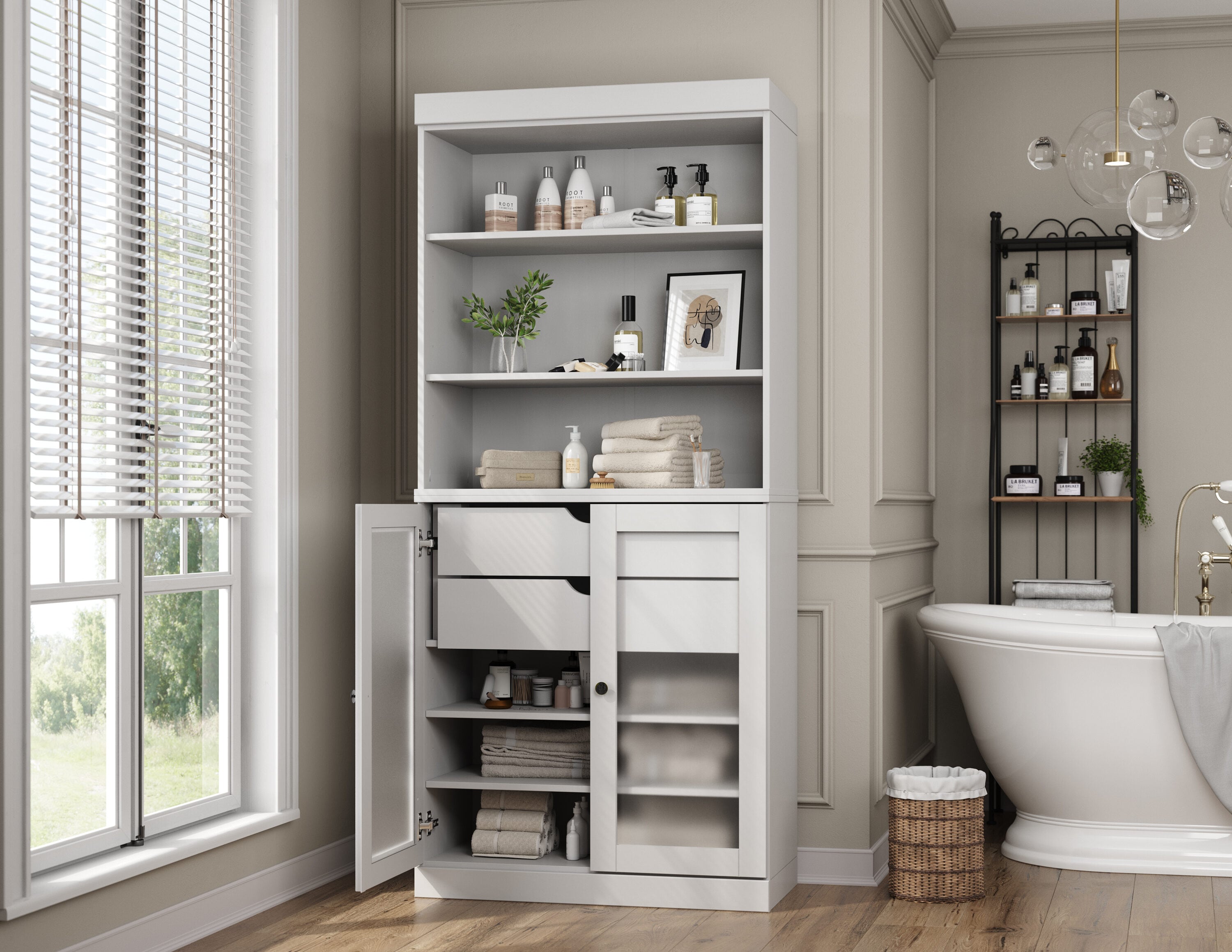 Palace Imports Solid Wood Tall Modular Frosted Glass Bathroom Linen ...