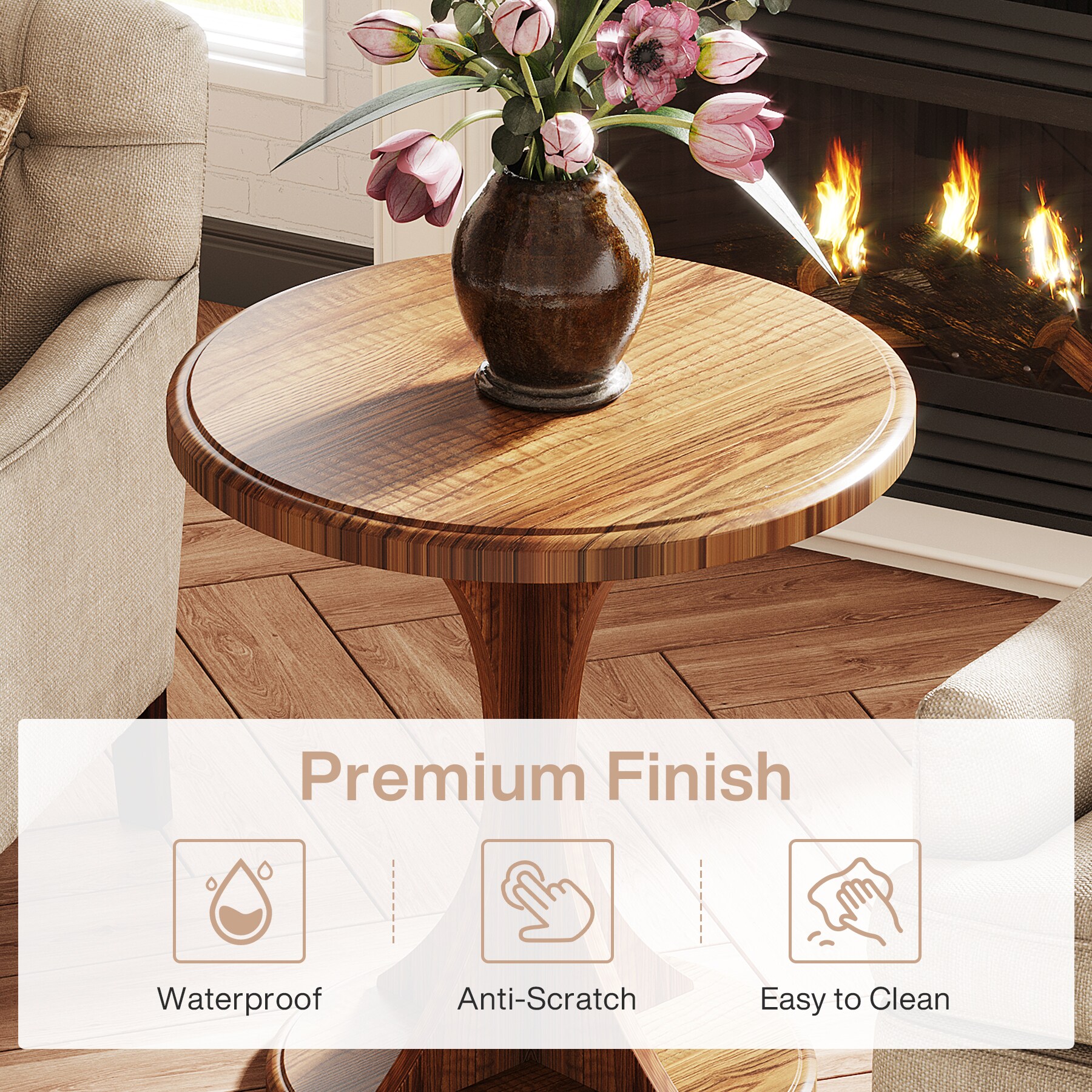 Fnova End table 20-in W x 24-in H Brown Wood Round Farmhouse End Table ...