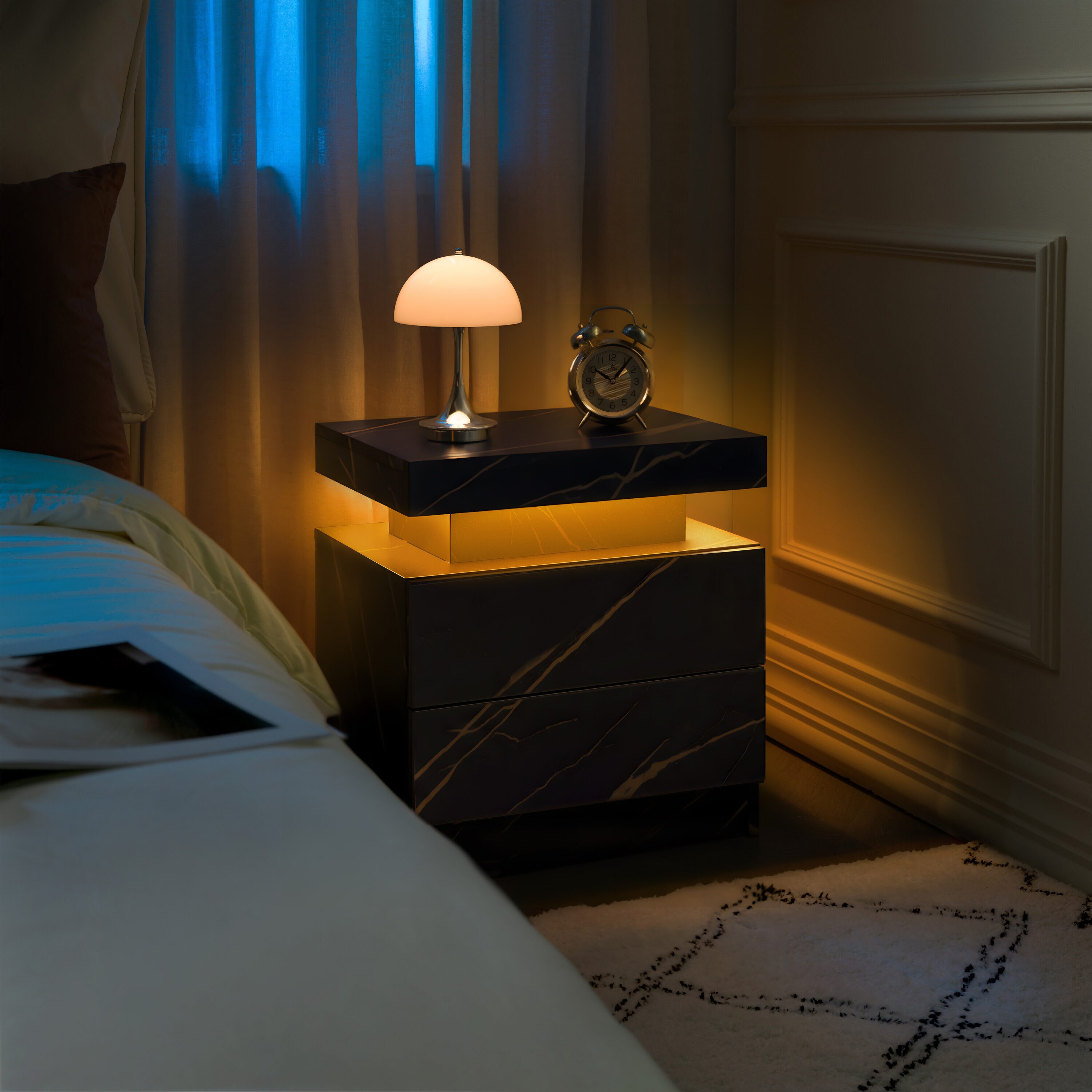 Misopily Modern LED Nightstand Black Gold End Table with 2 Drawers ...