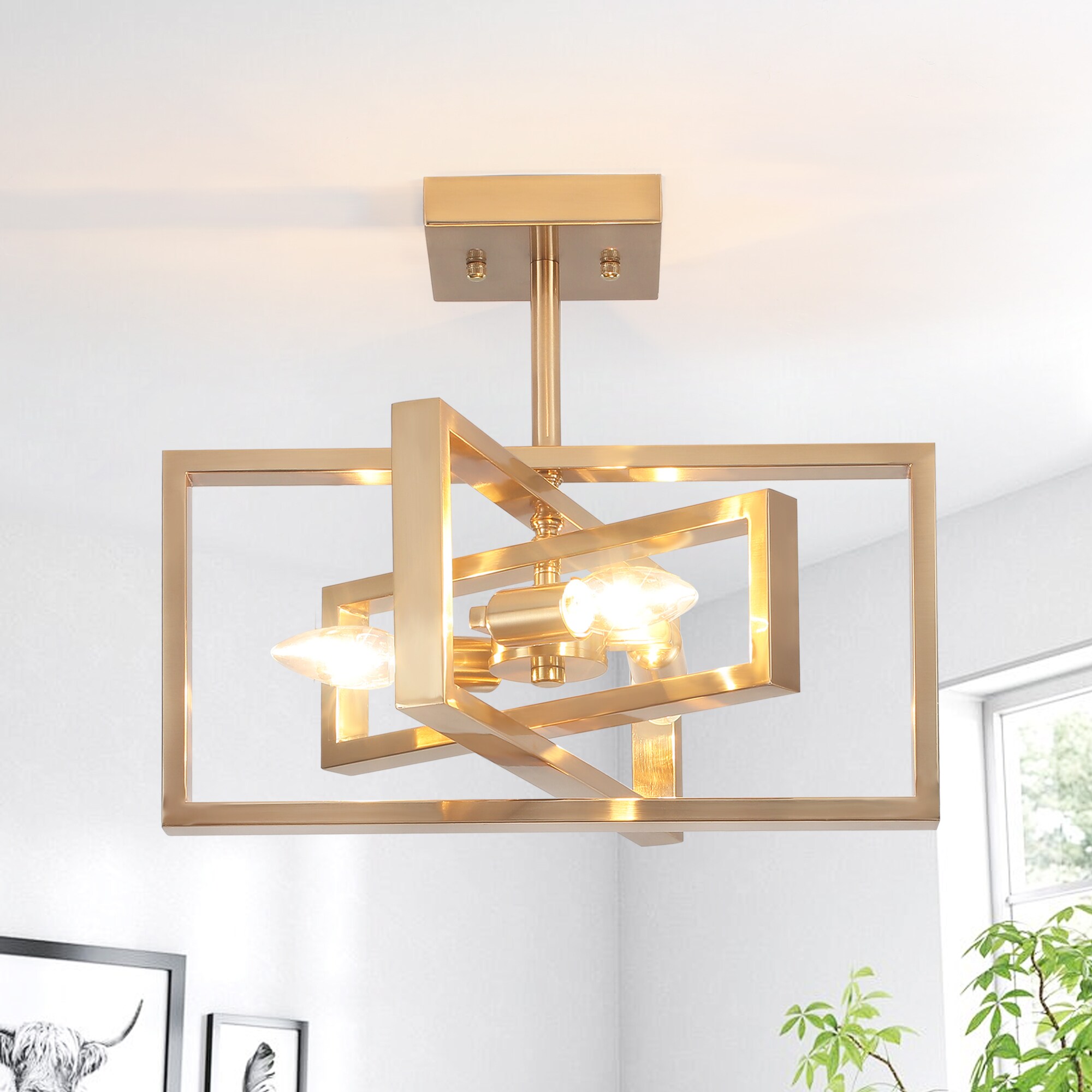 Zjvaive 15.8-in 3-Light Matte Brass Semi-Flush Mount Light Stylish ...