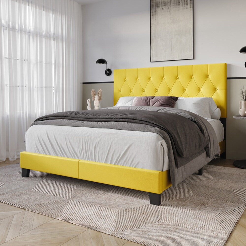 Home Design Queen Yellow Wood Tufted Panel Bed with Headboard in the ...