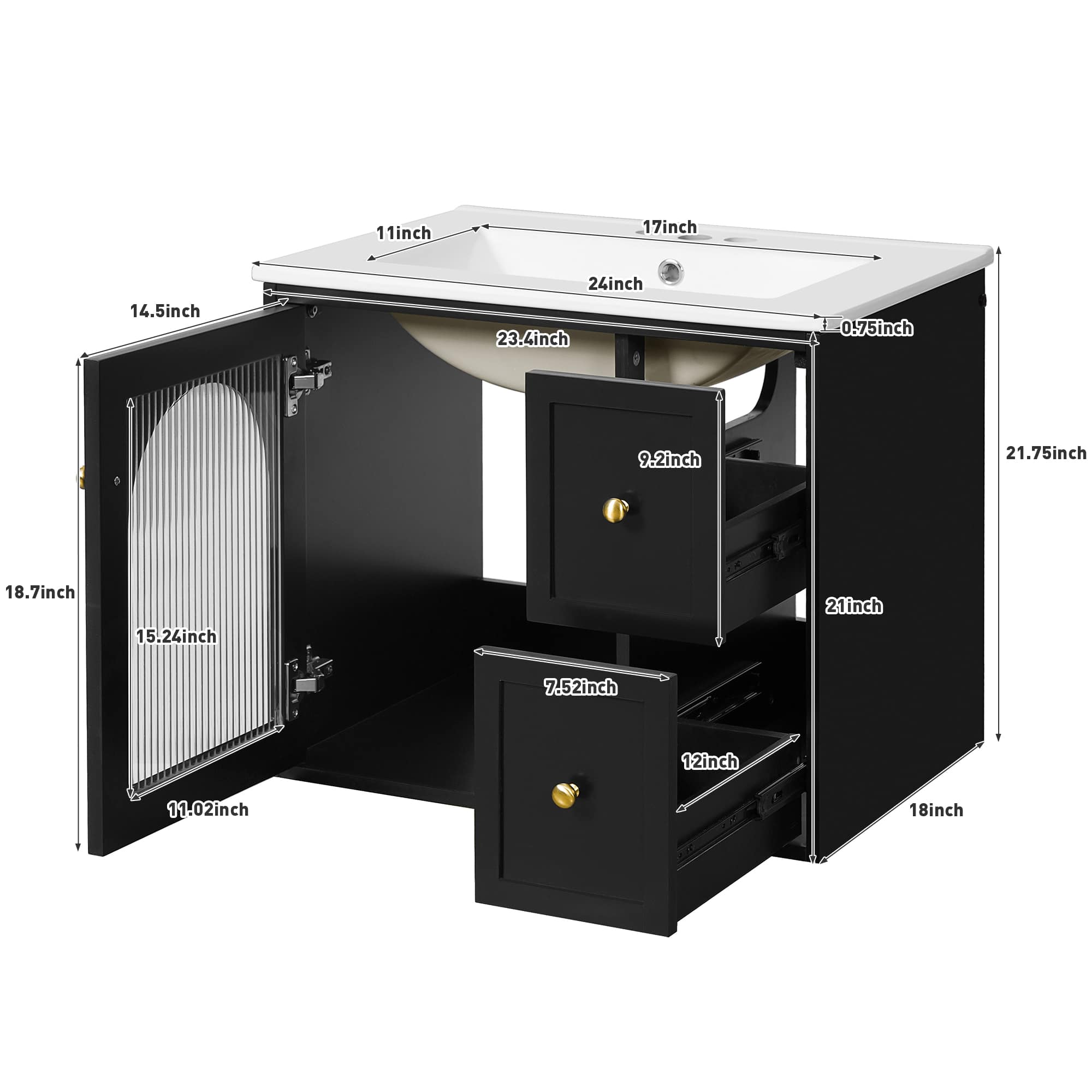 Vynxaria 24 in Undermount Bathroom Sink in Black Ceramic Wood MDF Glass ...