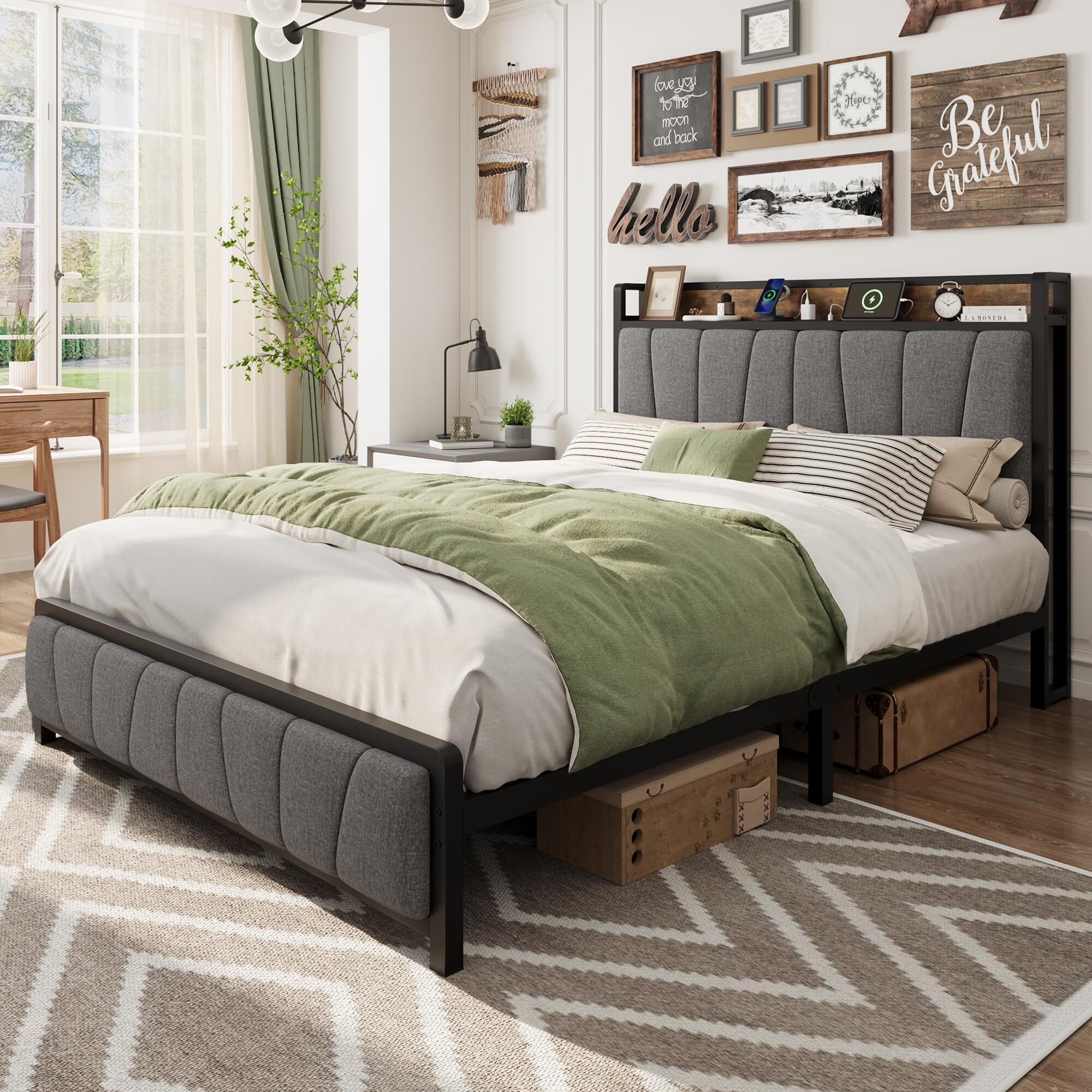 Garvee Queen Gray Bed Frame with 2 Storage Drawers and Charging Station ...