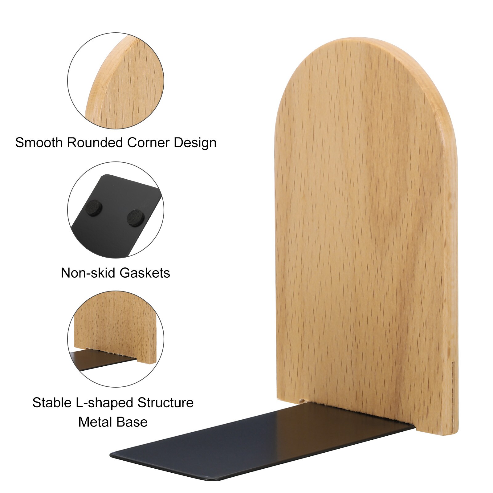 PATIKIL Wood Bookend with Metal Base 2pcs Non-skid Round Head Book Ends ...