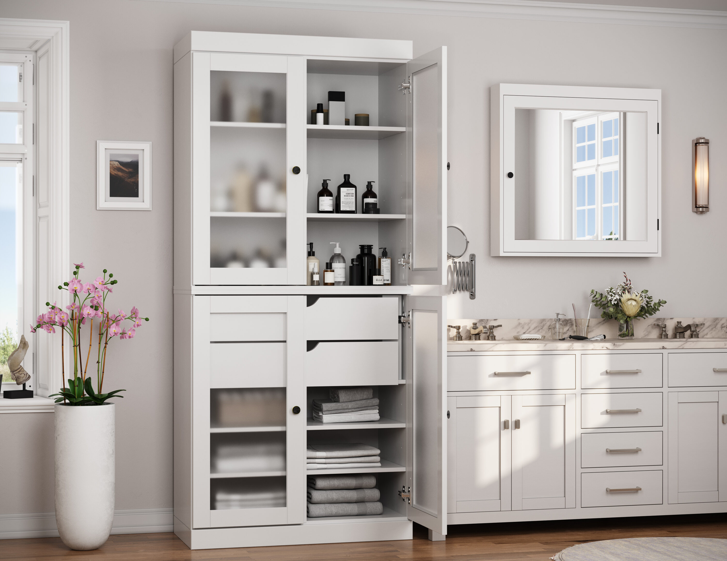Palace Imports Solid Wood Tall Modular Frosted Glass Bathroom Linen ...