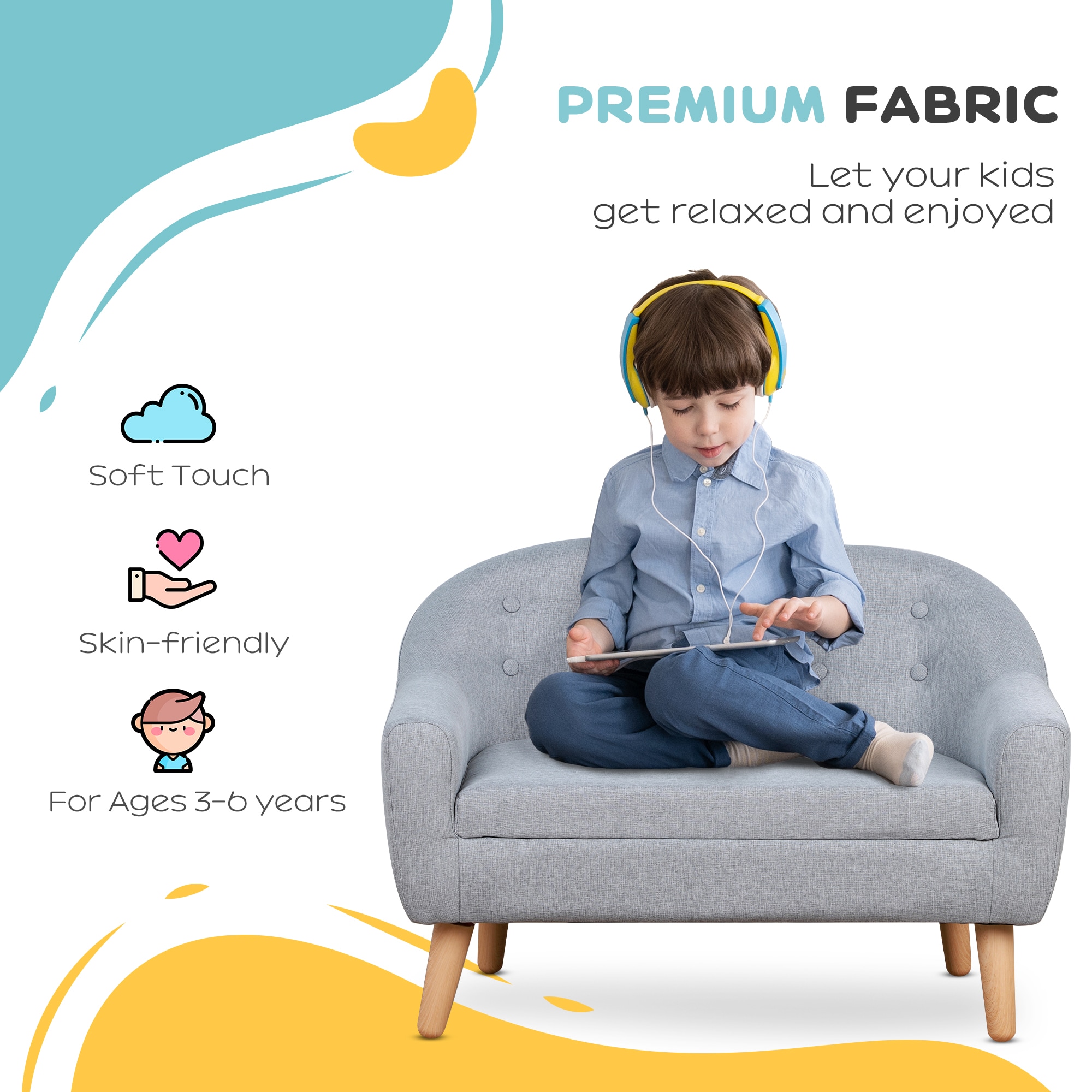 Qaba 2-Seat Kids Sofa Toddler Sofa Couch Linen-Like Fabric and Wooden ...