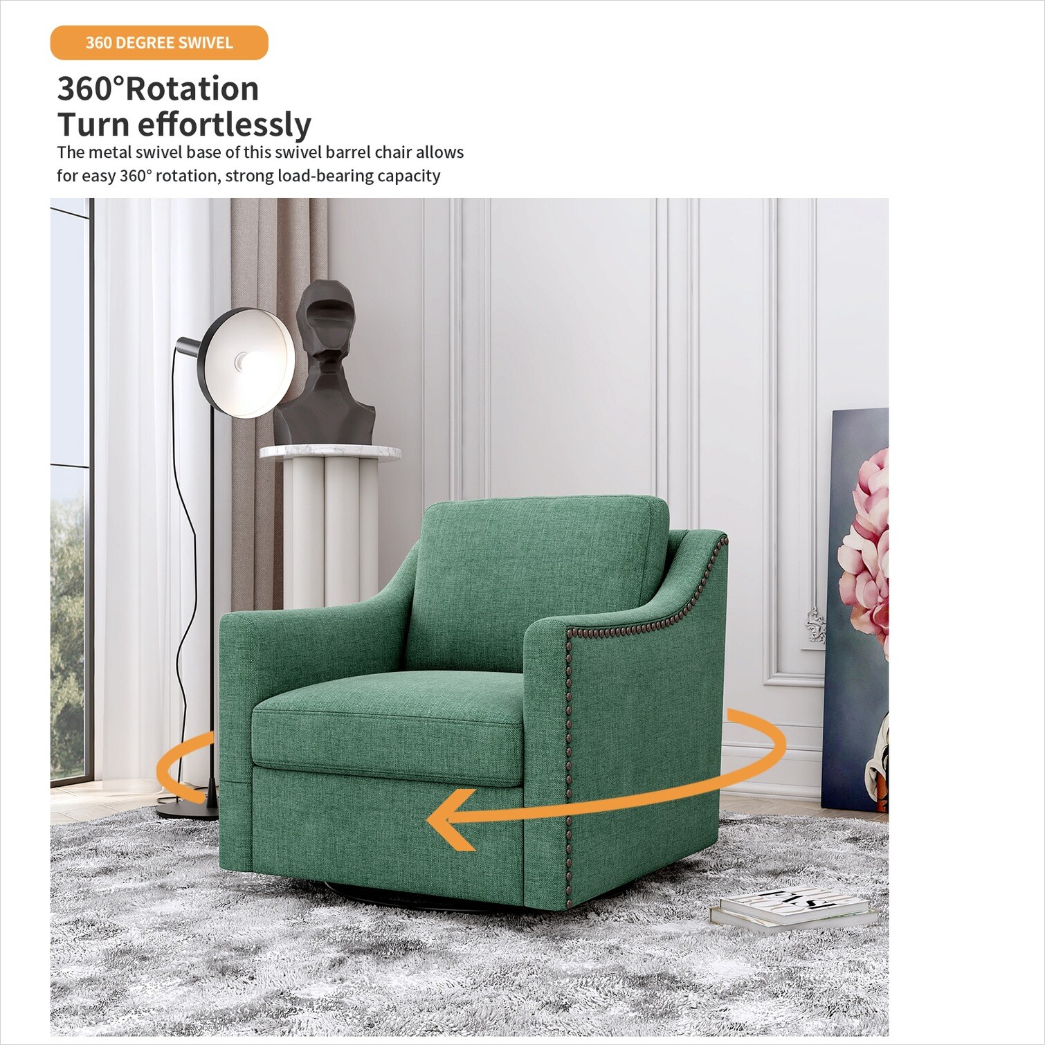 Naturefalls Swivel Armchair with Brass Nailhead Trim Classic Green ...