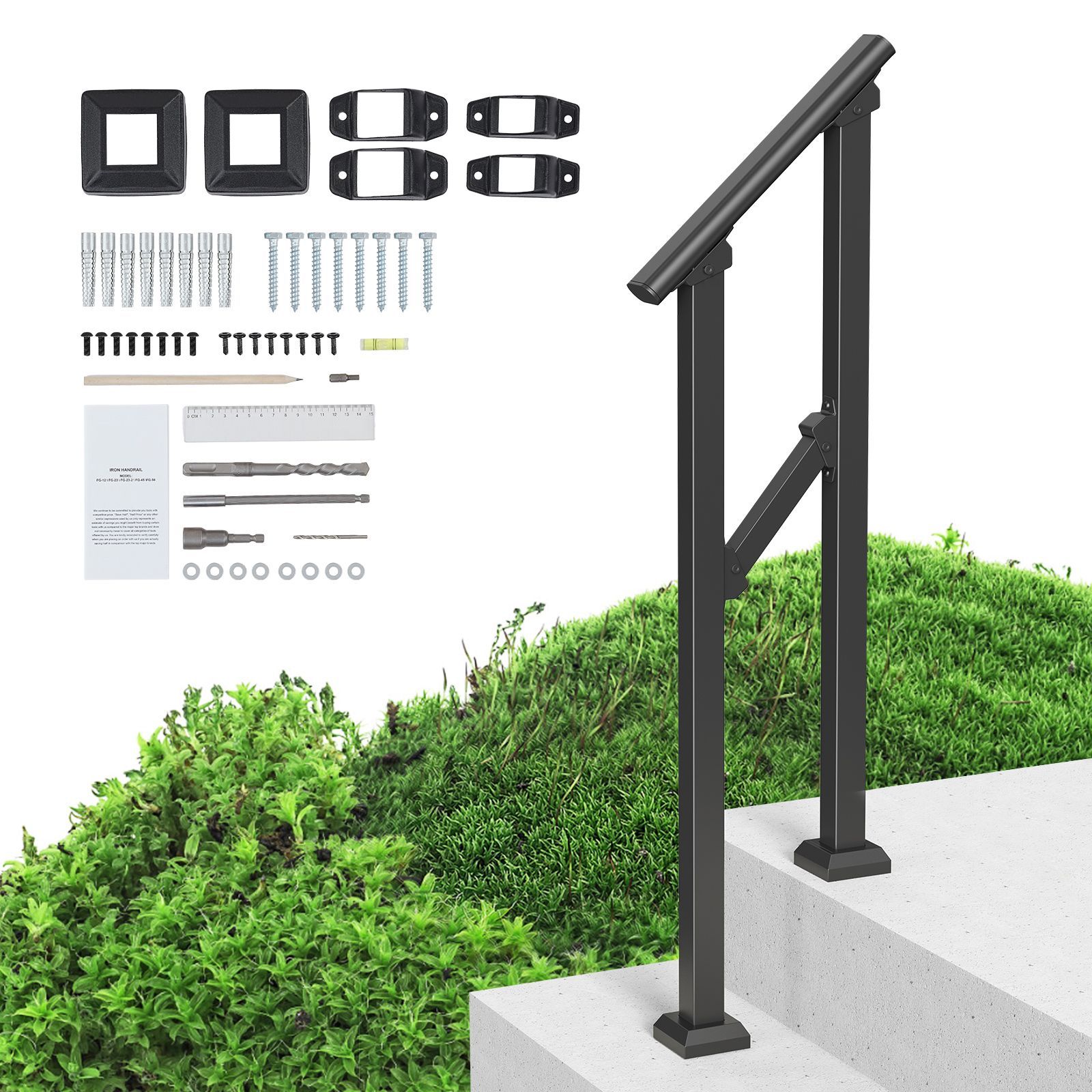 Angel Sar 16in H 1-2 Step Adjustable Black Square Tube Handrail Kit ...