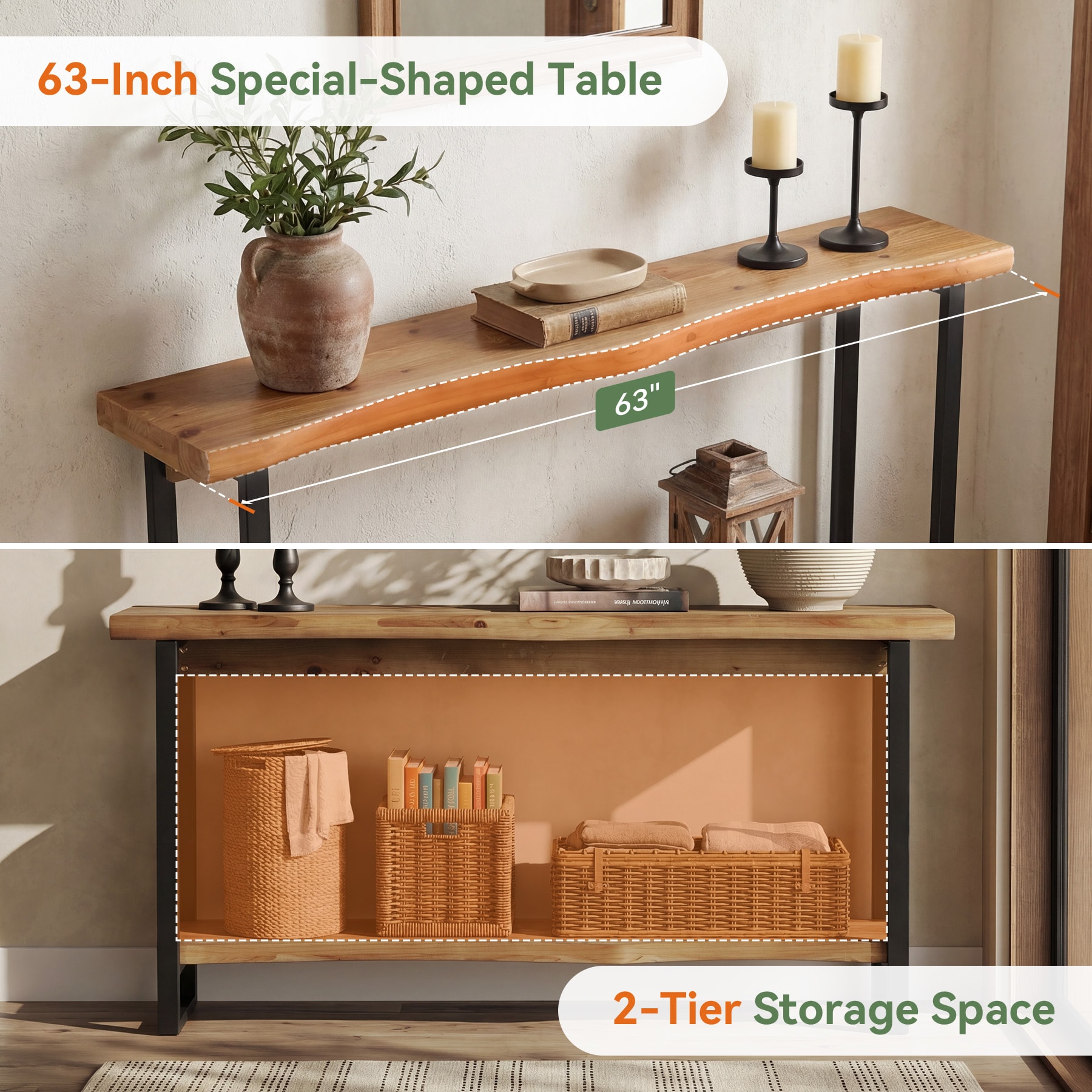 LITTLE TREE Brown Solid Wood Live-Edge Console Table Farmhouse 63-Inch ...