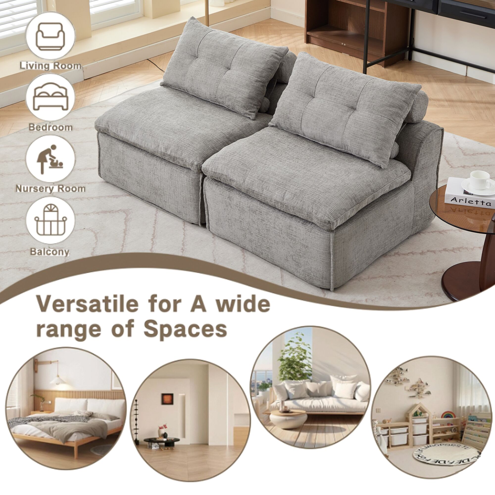 LOVMOR 33inch Modular Compressed Sofa Chenille Light Gray Couch with ...