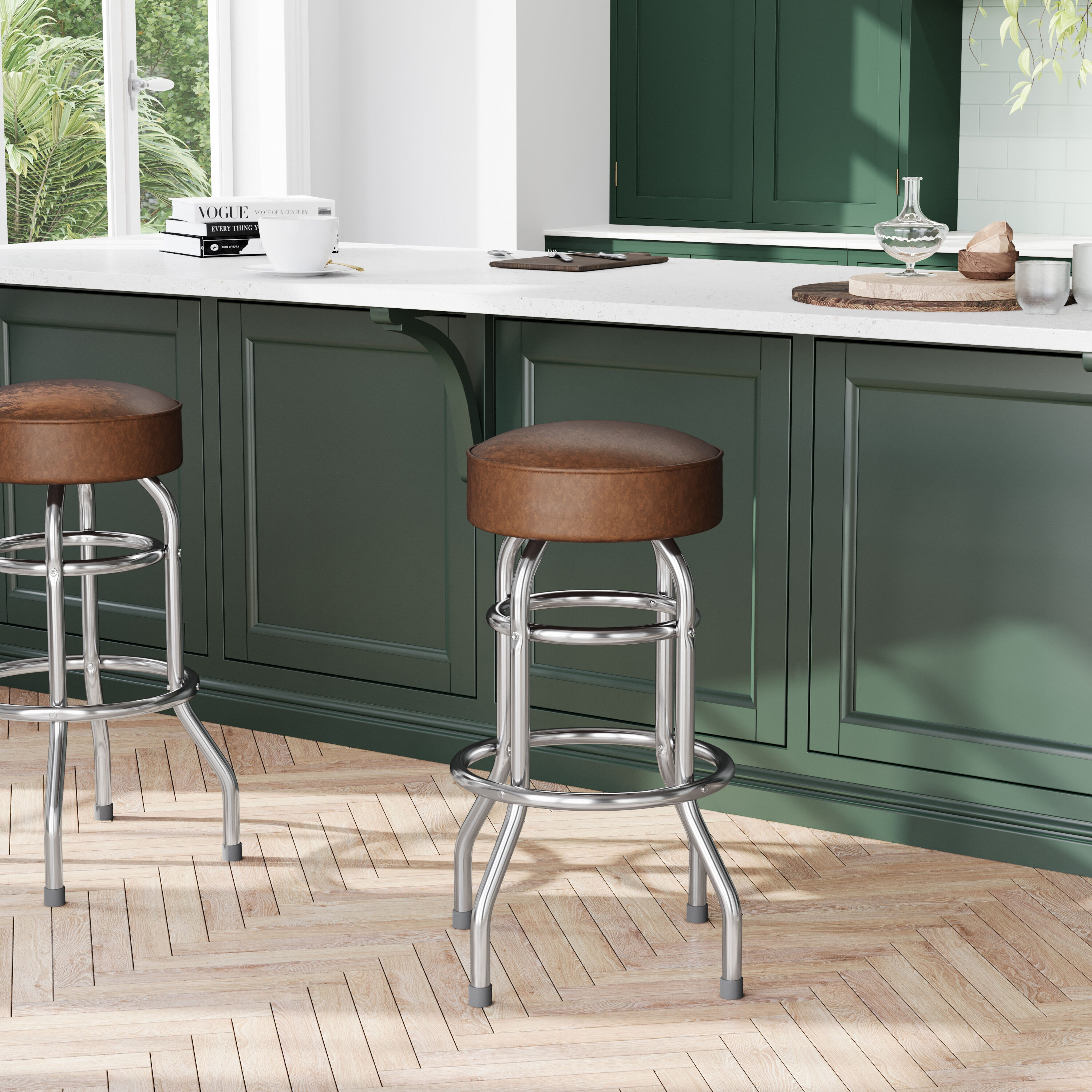 Flash Furniture Bruno Double Ring Chrome Barstool with Weathered Brown ...