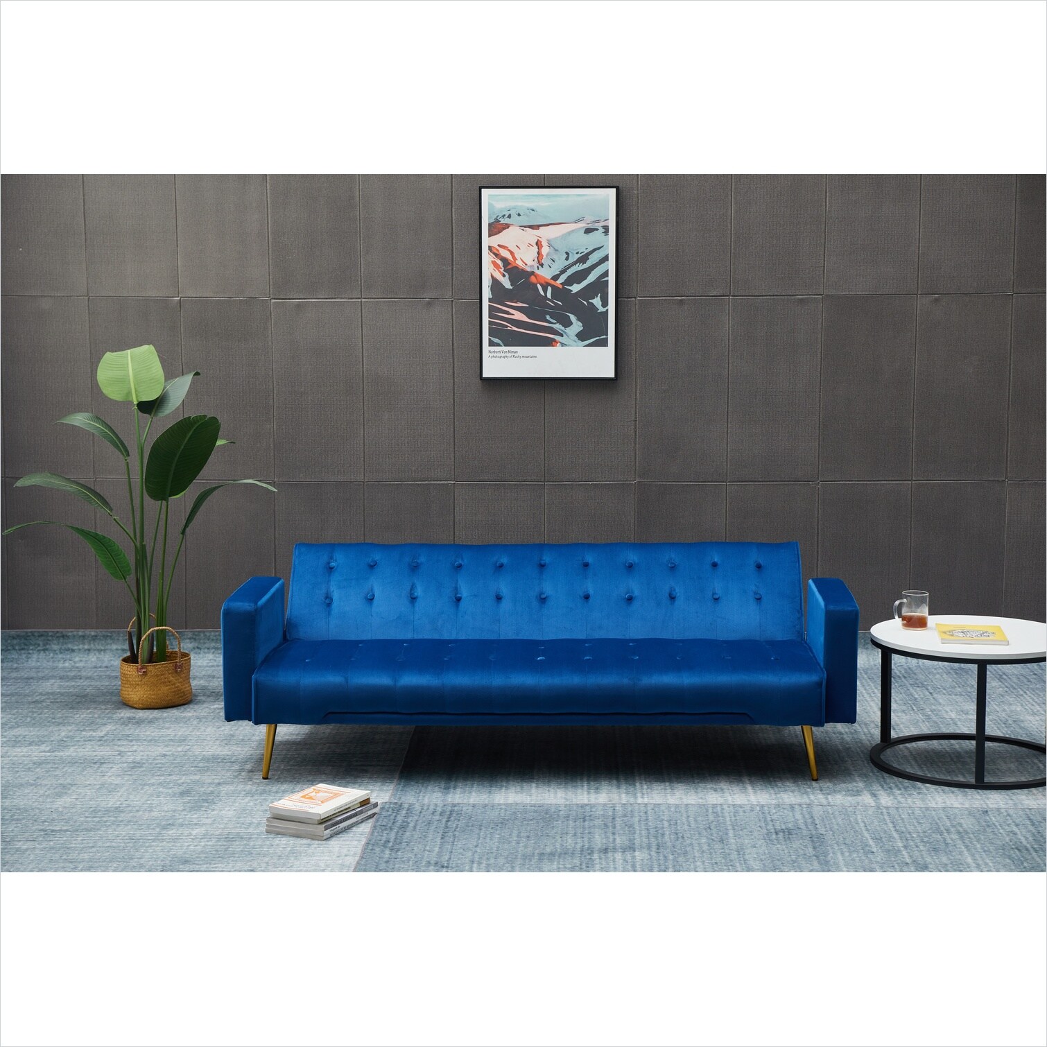 SUNCREAT 2-Seat Sleeper Sofa with Golden Metal Legs and Rich Blue ...