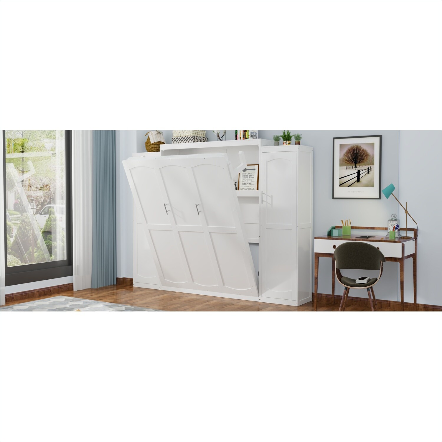 Watnature Queen Murphy Bed with Dual Wardrobes and Shelf Foldable ...
