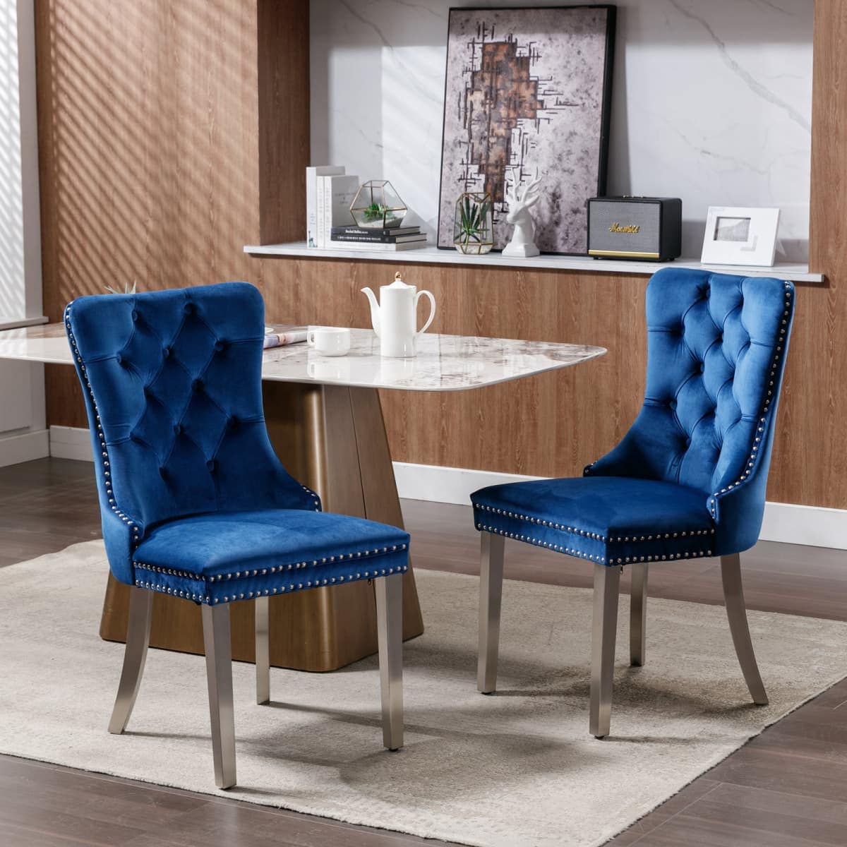 Maison Boucle Set of 2 Blue Velvet Upholstered Dining Chairs with ...