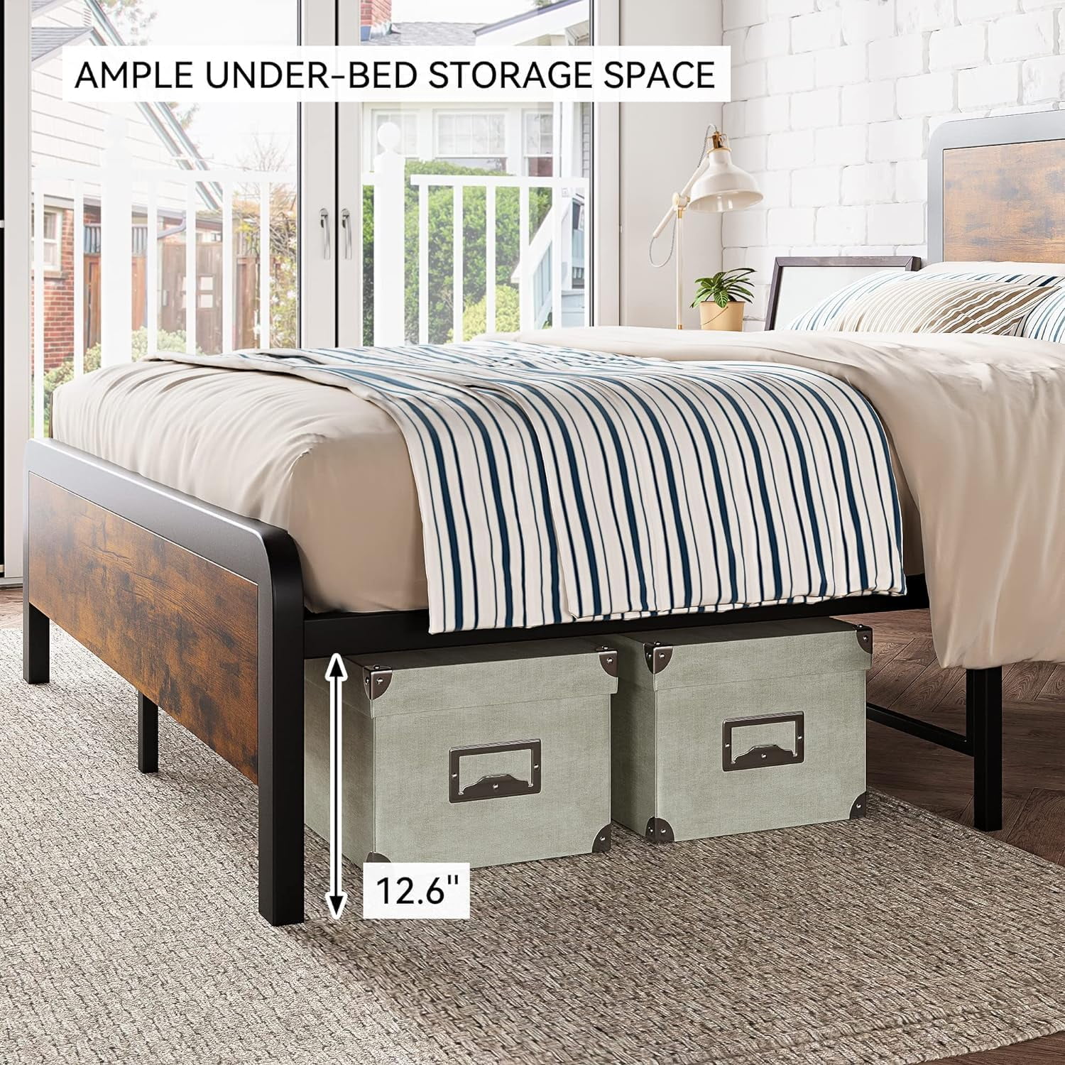 Garvee Metal Queen Platform Bed Frame with Rustic Wood Headboard- Non ...