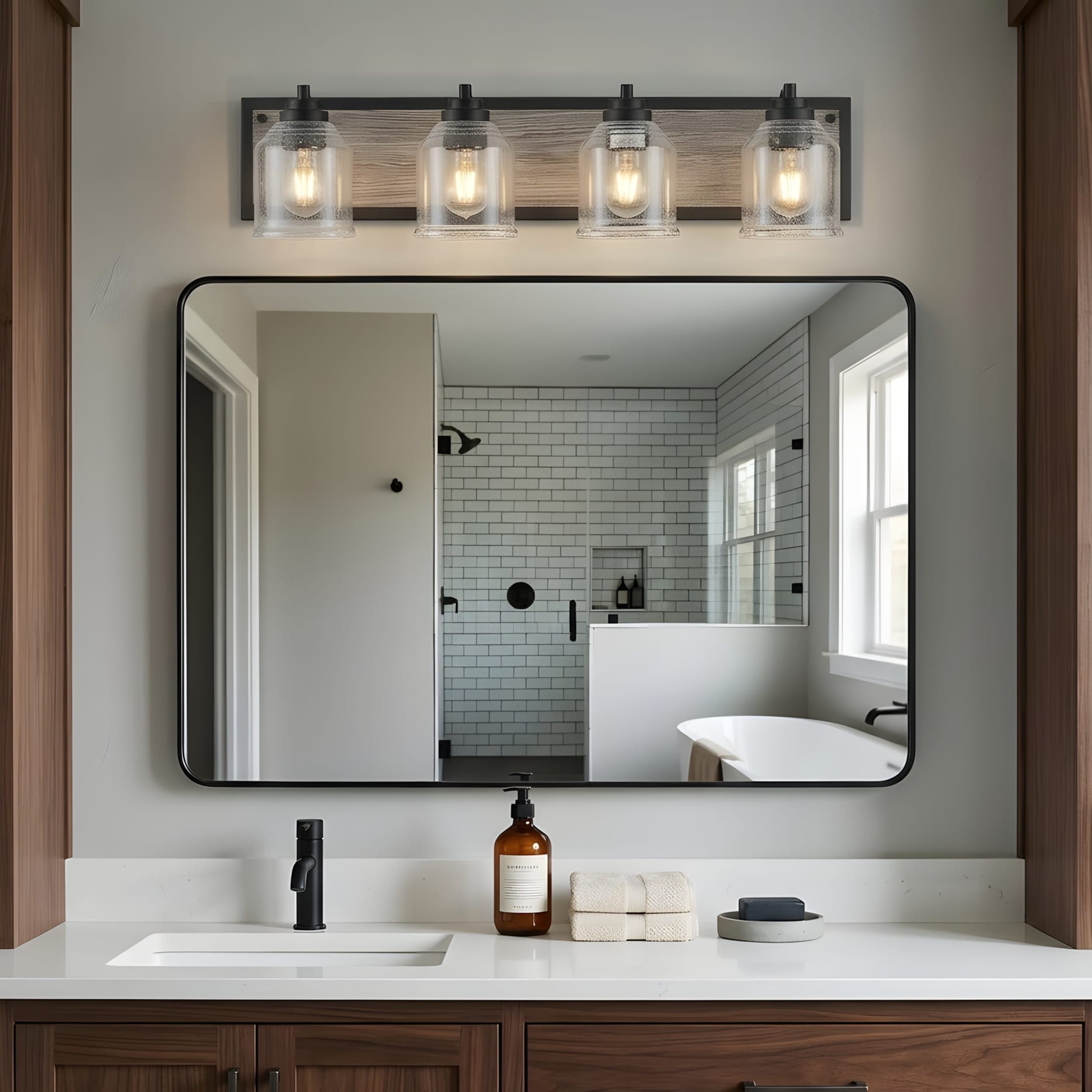 RCCFBHM 32-in 4-Light Farmhouse-Style Vintage Black And Wood-Grain ...