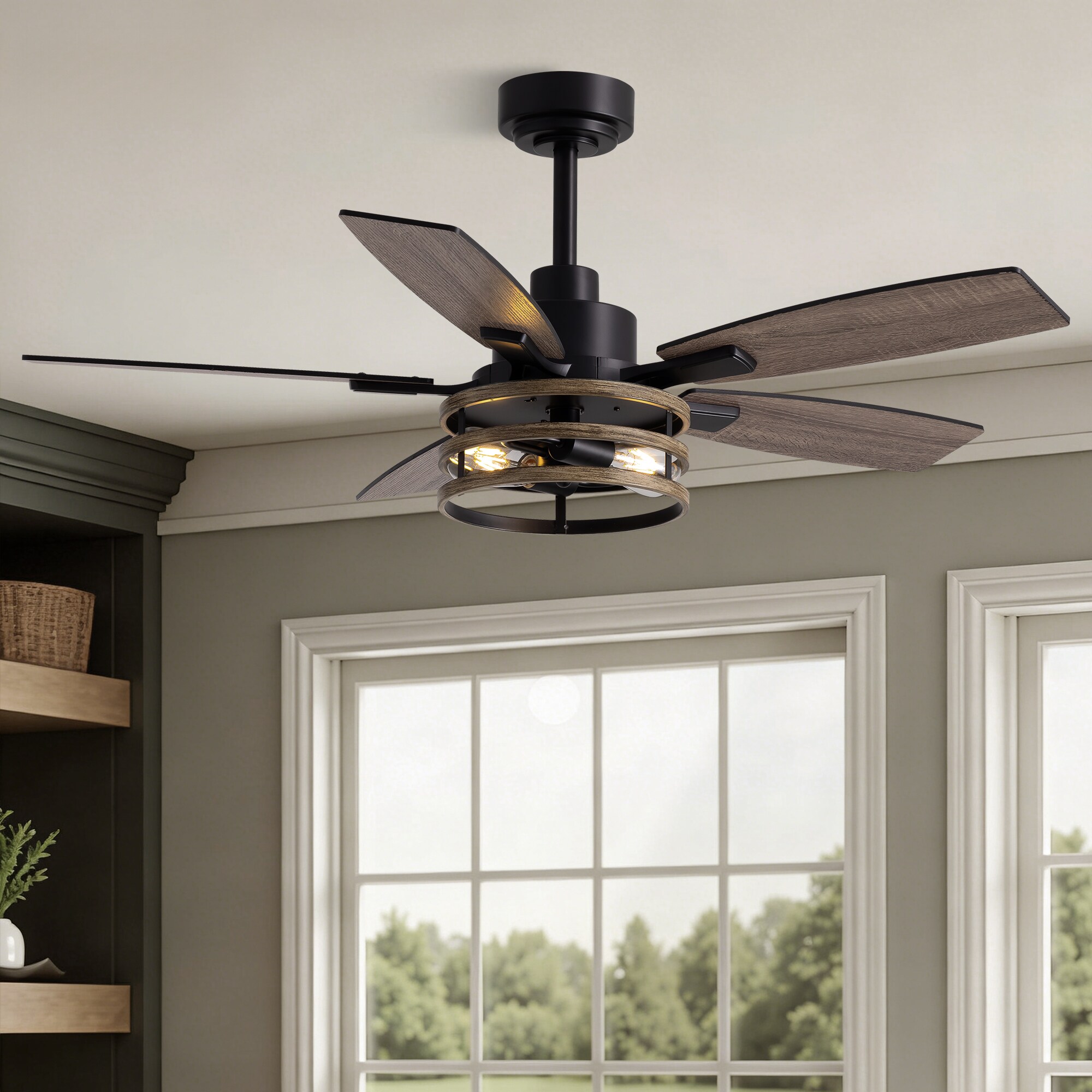 FANNEHONNE 46-In Farmhouse Cage Brown Ceiling Fan with Lights for ...