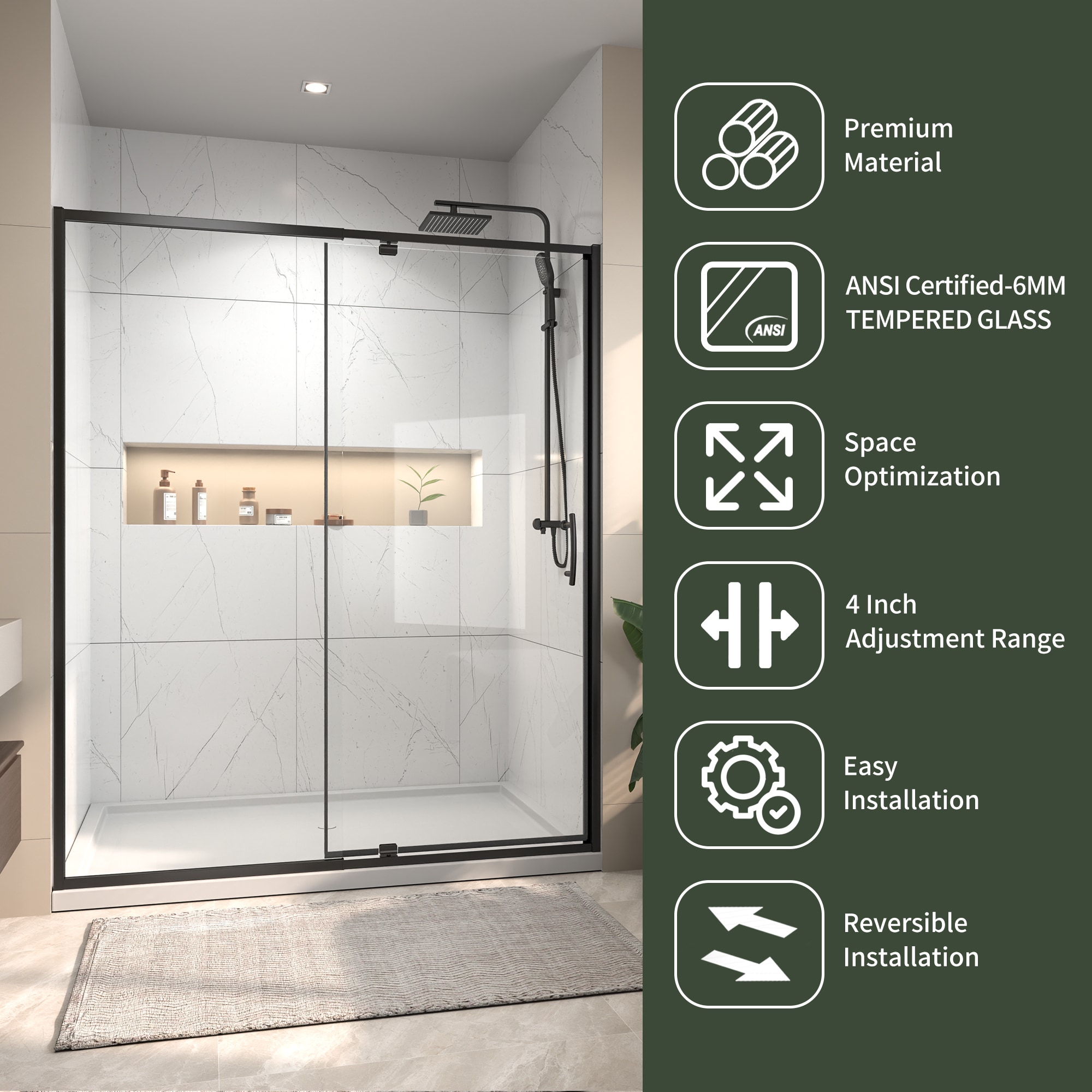 AAZJ HS Pivot Door Matte Black 56-in to 60-in W x 71-in H Framed Clear ...
