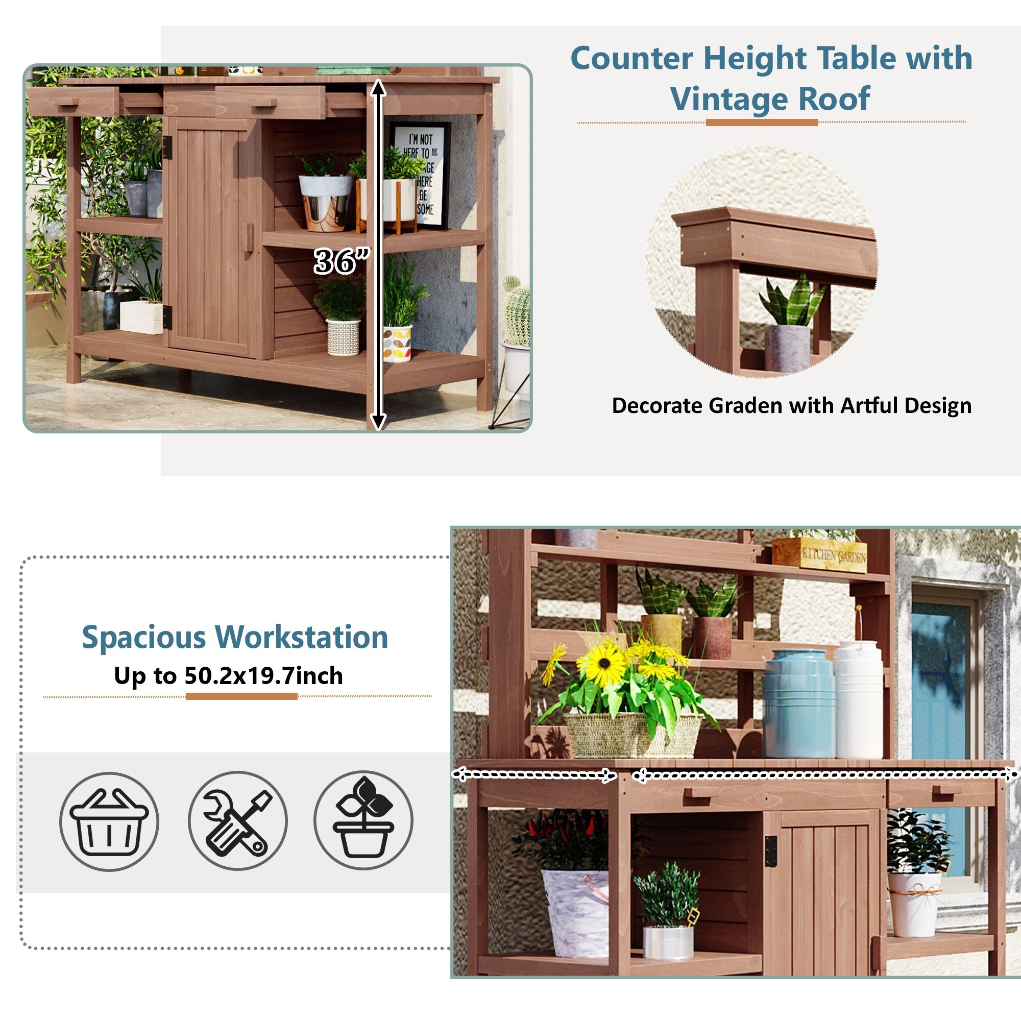Dimakai 66 Inch Large Outdoor Farmhouse Wooden Potting Bench Table ...
