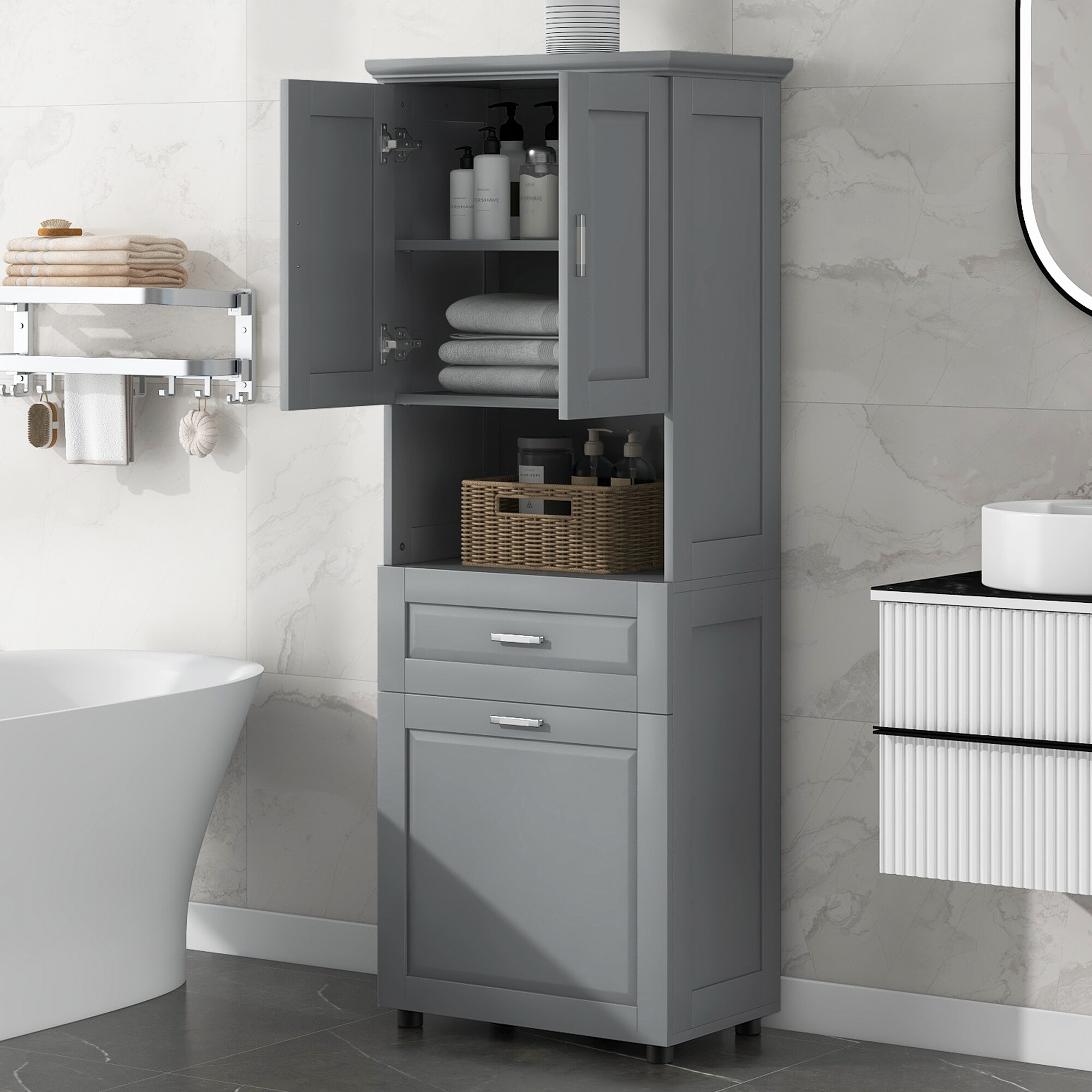Dimakai Grey Tall Bathroom Cabinet with Laundry Basket Tilt Out Hamper ...