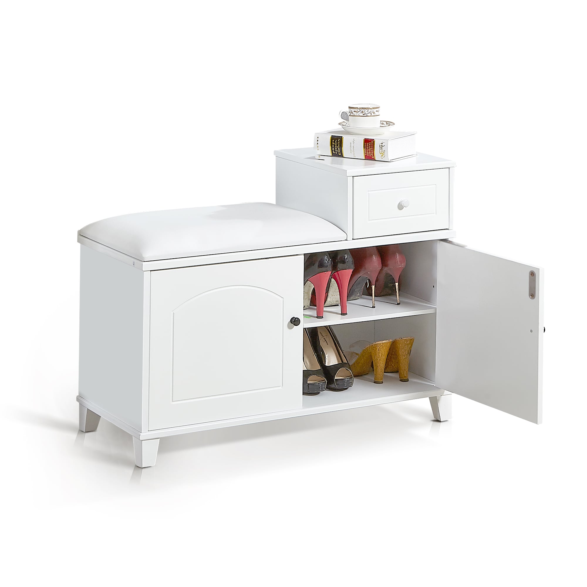 LOVMOR White Shoe Storage Bench Cabinet Fireproof PU Cushion Double ...