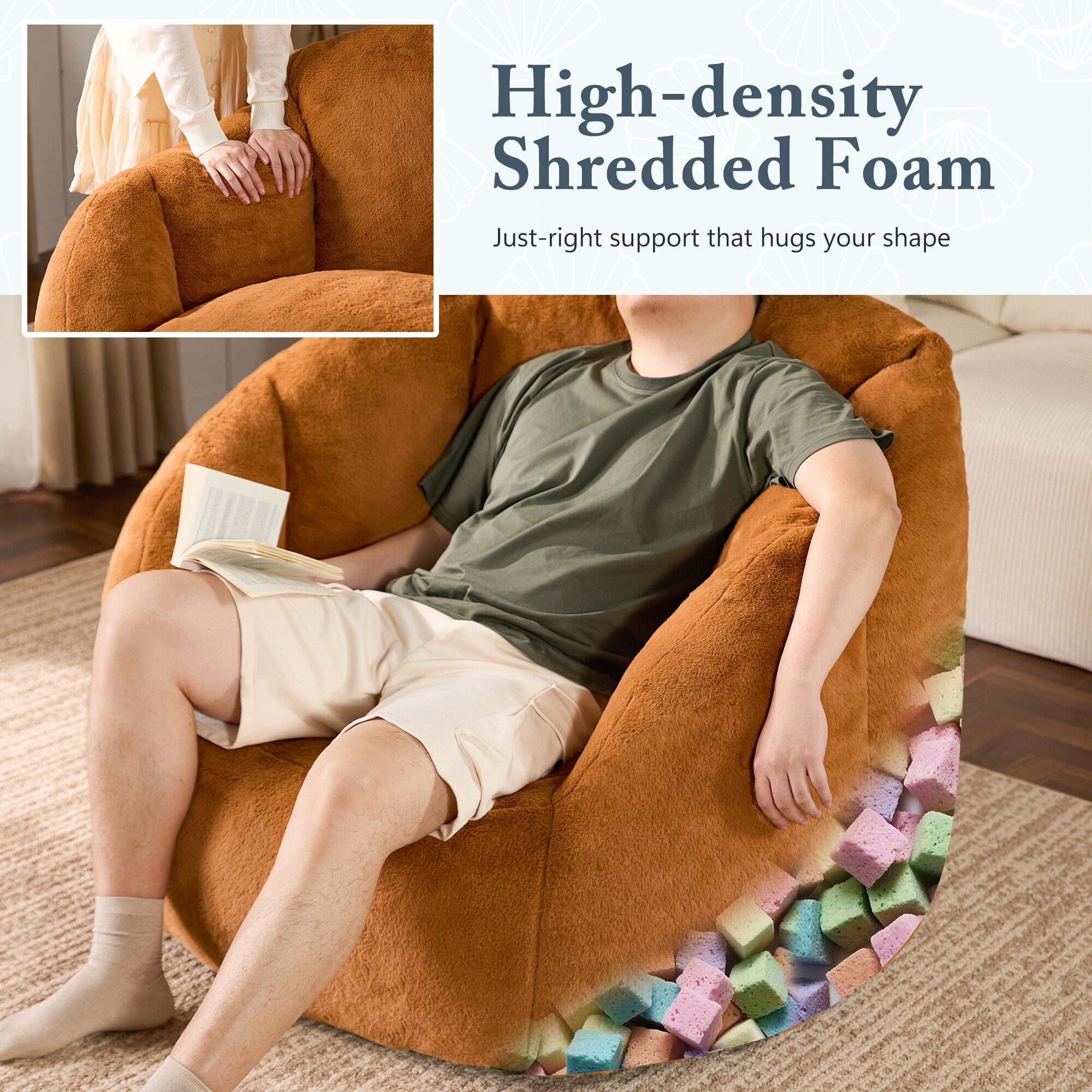 GRANDJOY Orange Oversized Bean Bag Chair with Premium Shredded Foam ...