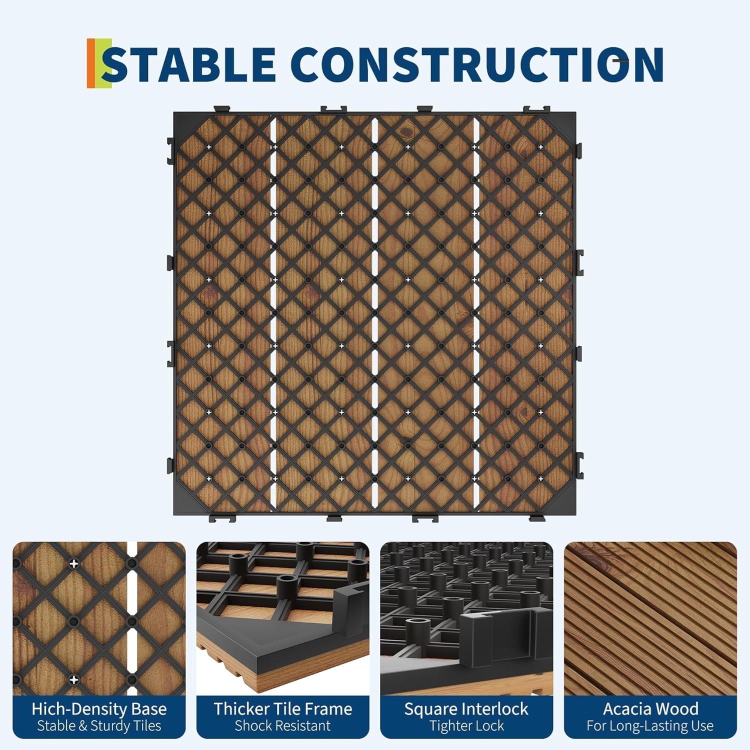 Garvee 33-Pack Acacia Wood Interlocking Deck Tiles Snap-Together ...
