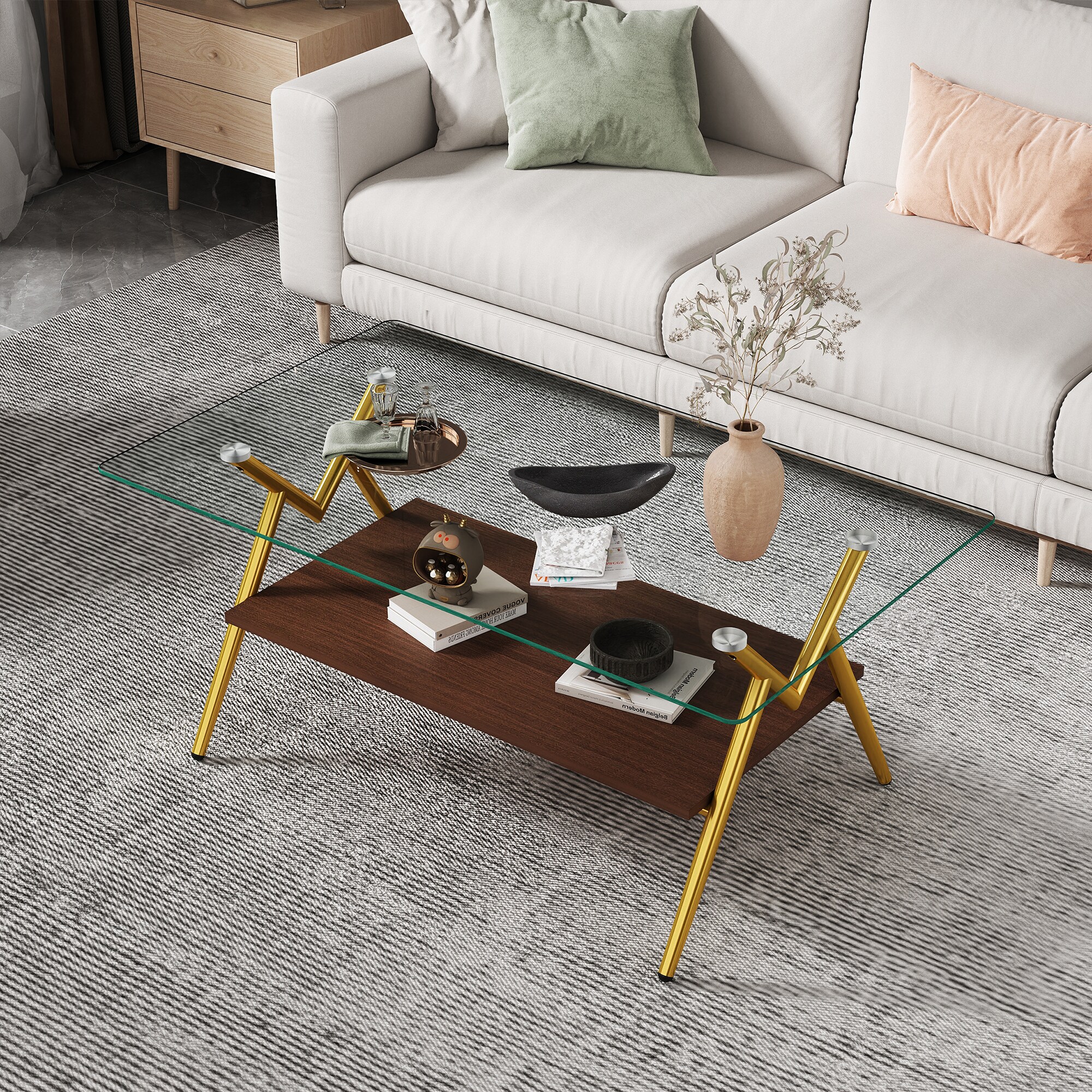 Tatayosi Rectangle Coffee Table with Tempered Glass top and Golden ...