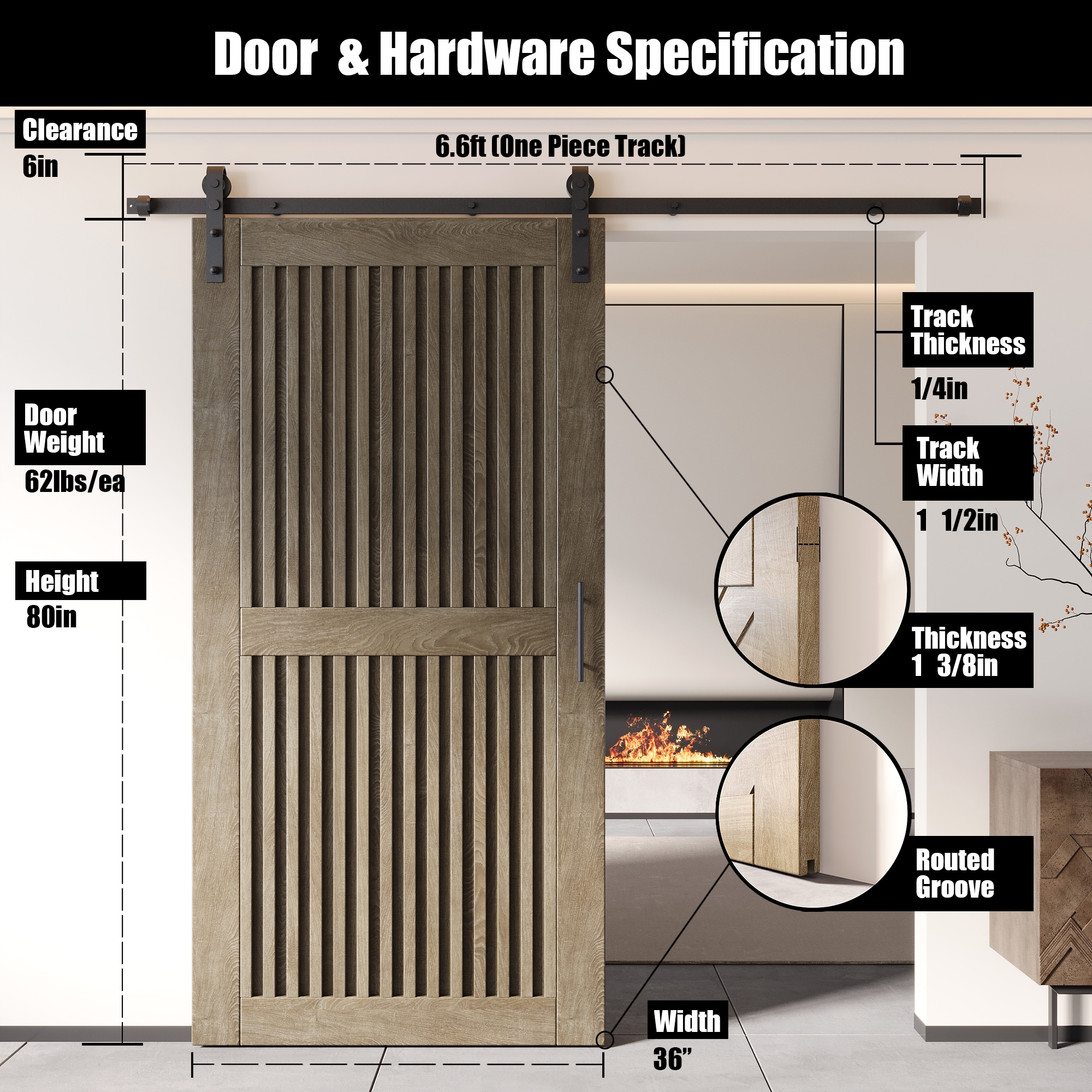 HOMACER 36-in x 80-in Classic Gray Pine Wood Solid core Single Barn ...