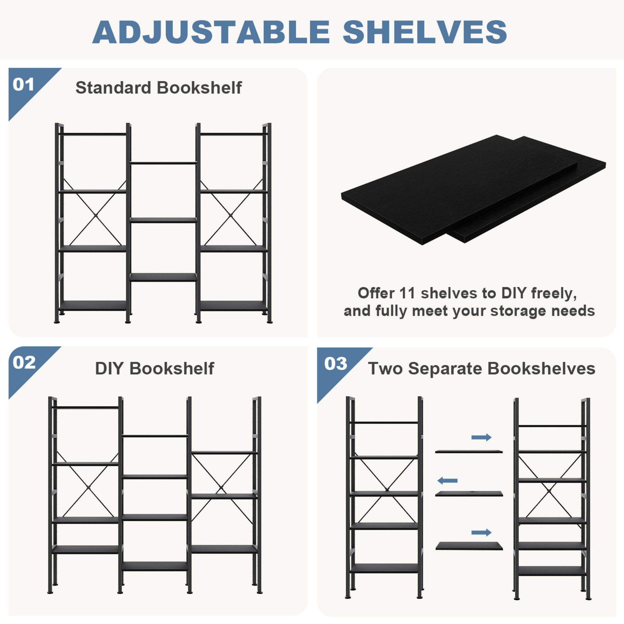 ASTARTH Wide Industrial Bookshelf with 11 Adjustable Panels Open ...