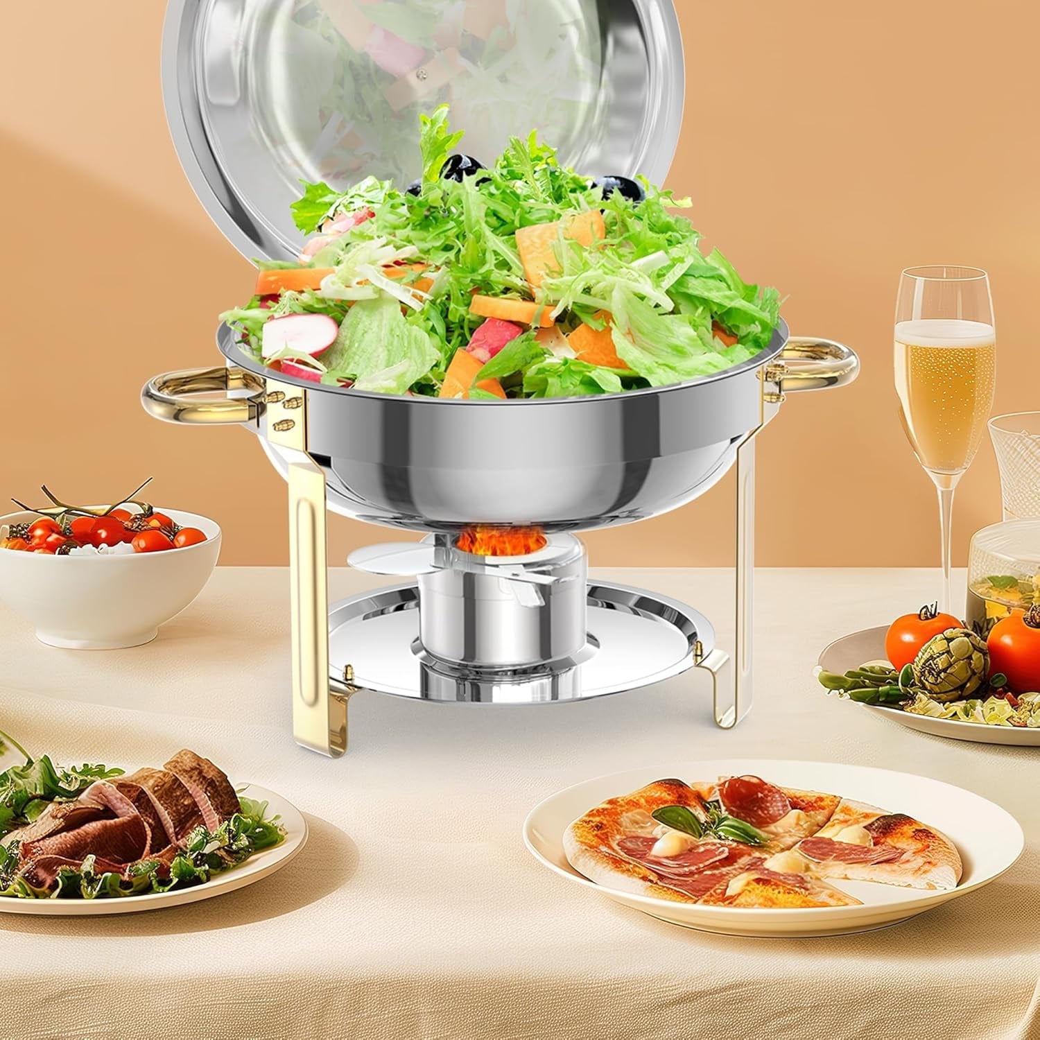 Qeetex 4 Pack 5QT Round Chafing Dishes Buffet Set with Lids - Includes ...