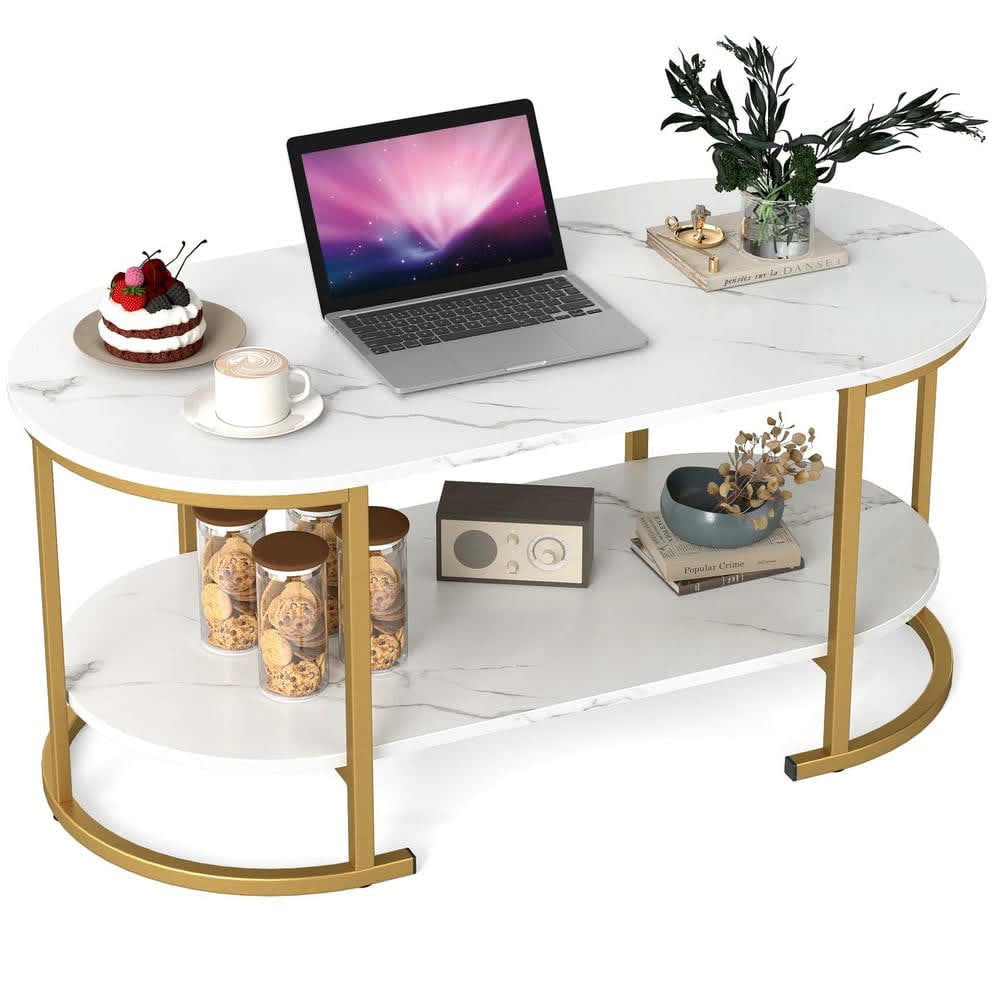 Choco Moon 2Tier Oval Wood Coffee Table With Large Top And Open Shelf ...