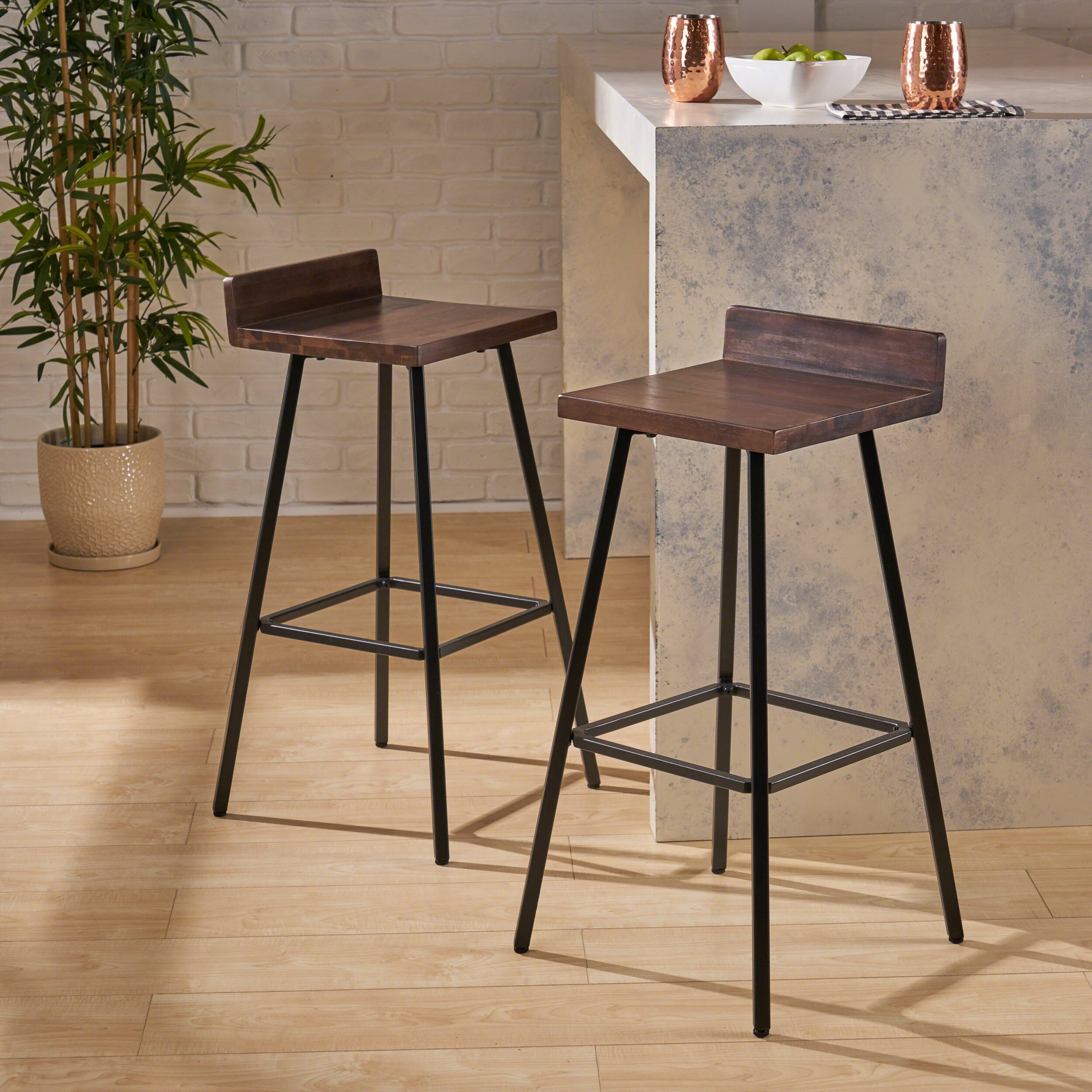 Moda Furnishings Classic Set of 2 Brown Wood Frame Stationary Bar Stool ...