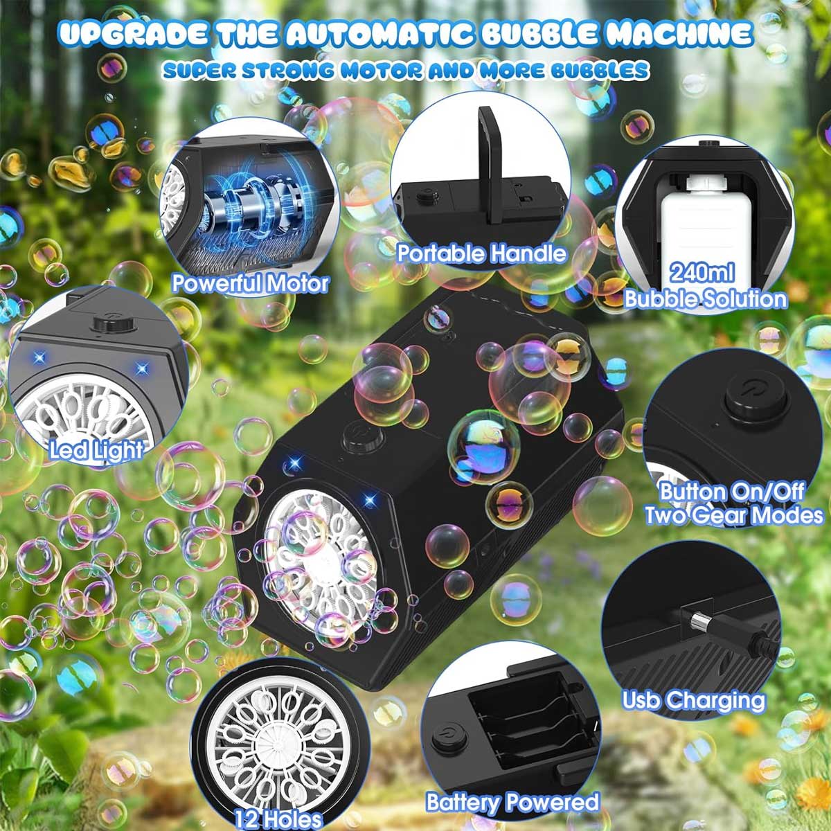 Aoibox Automatic Bubble Machine with LED Lights 240ml Bubble Solution ...