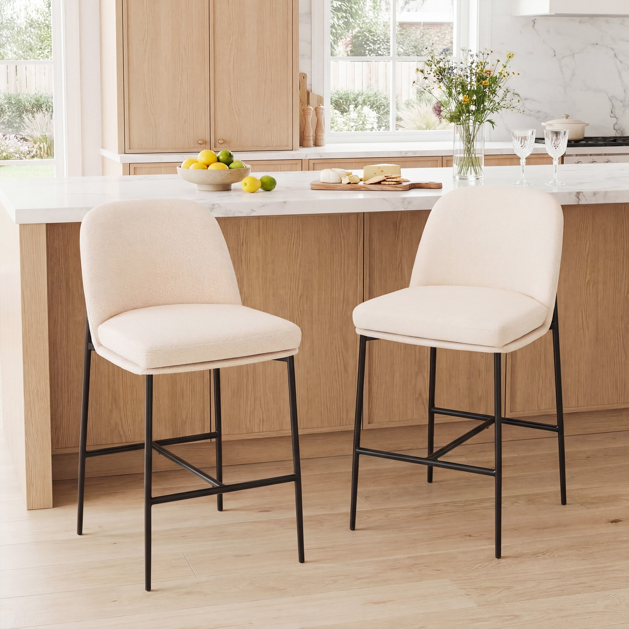 Colamy Set of 2 Beige Upholstered Fabric Bar Stools in the Bar Stools ...