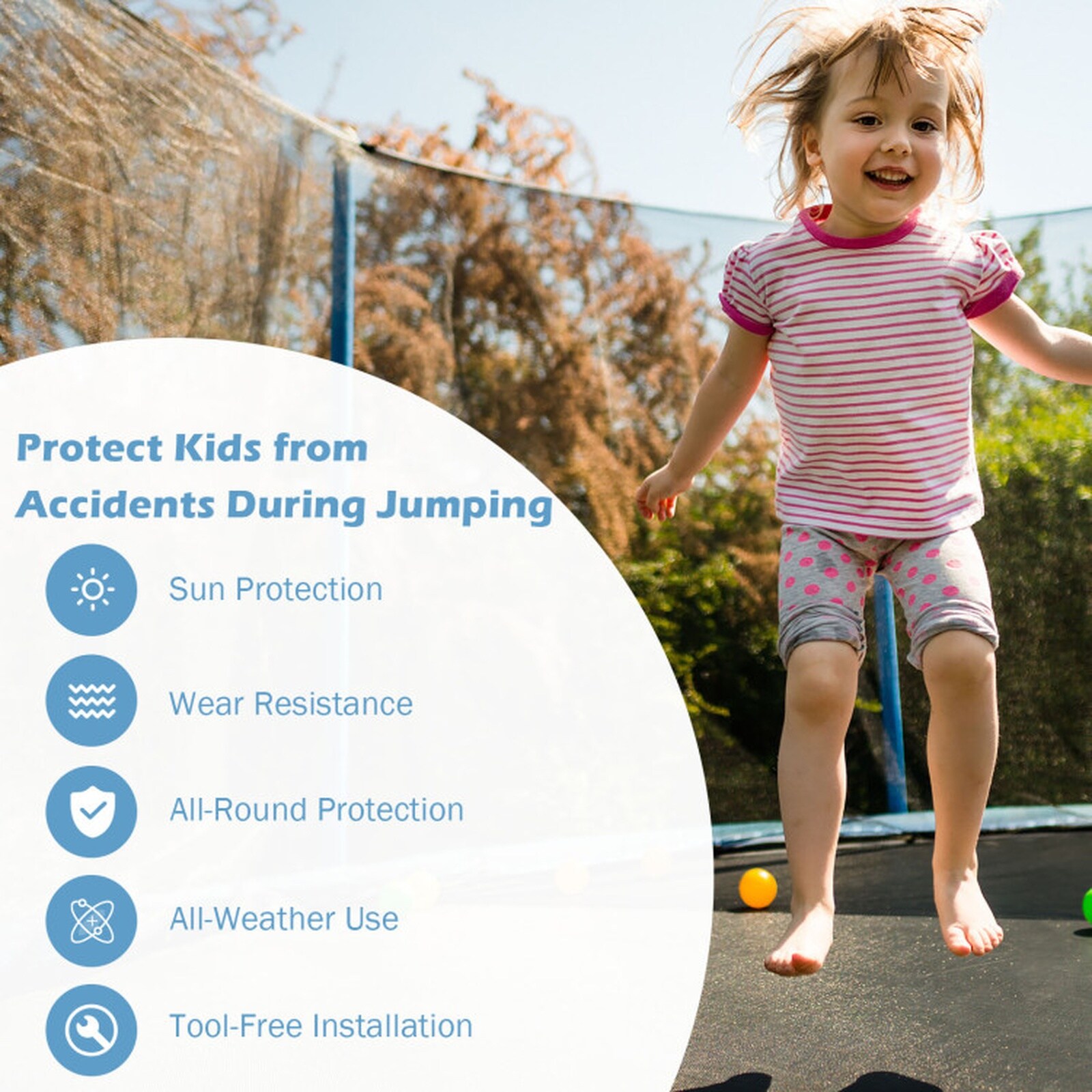 SUGIFT 15-ft Trampoline Replacement Safety Net with 10-Pole Sleeves ...