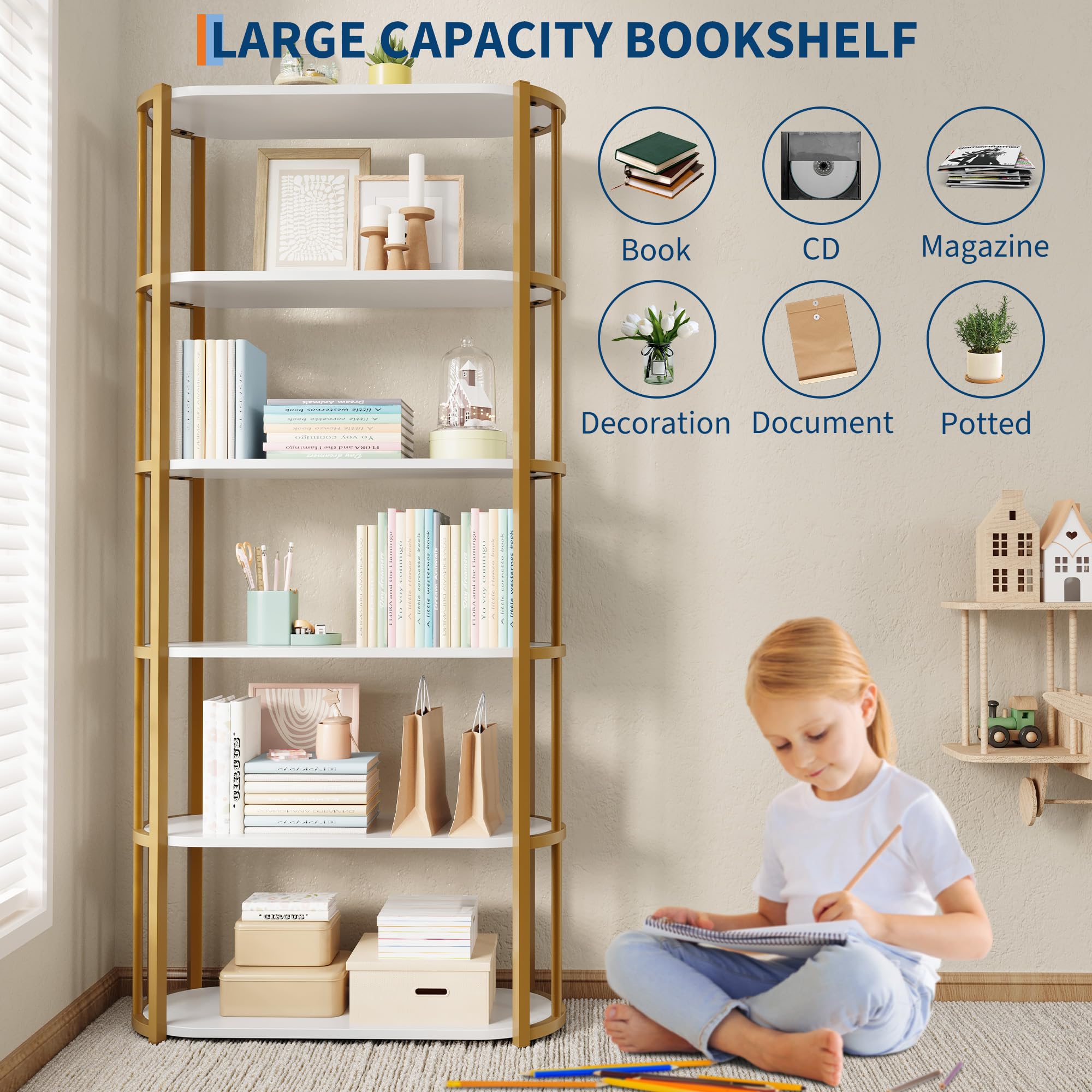 Garvee Six Tier Tall Bookshelf Industrial Slim Design Sturdy Steel ...