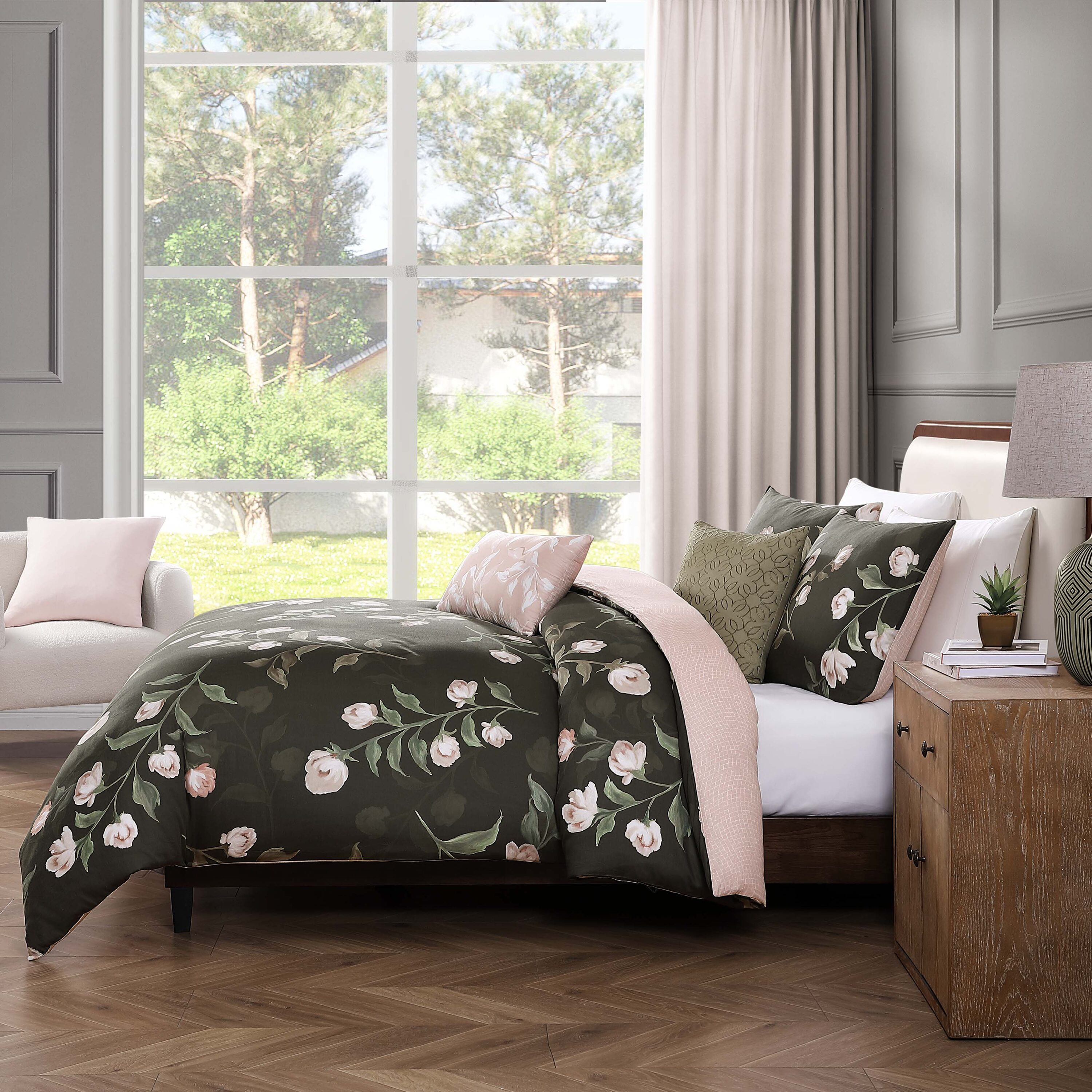 BEBEJAN Jasmine Flowers Comforter Set Deep Olive Floral Reversible Queen Comforter Cotton in the ...