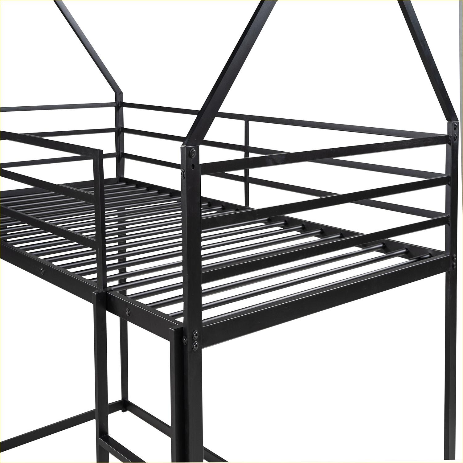 Watnature Twin over Twin Bunk Bed House Design Black-Toned Metal Frame ...