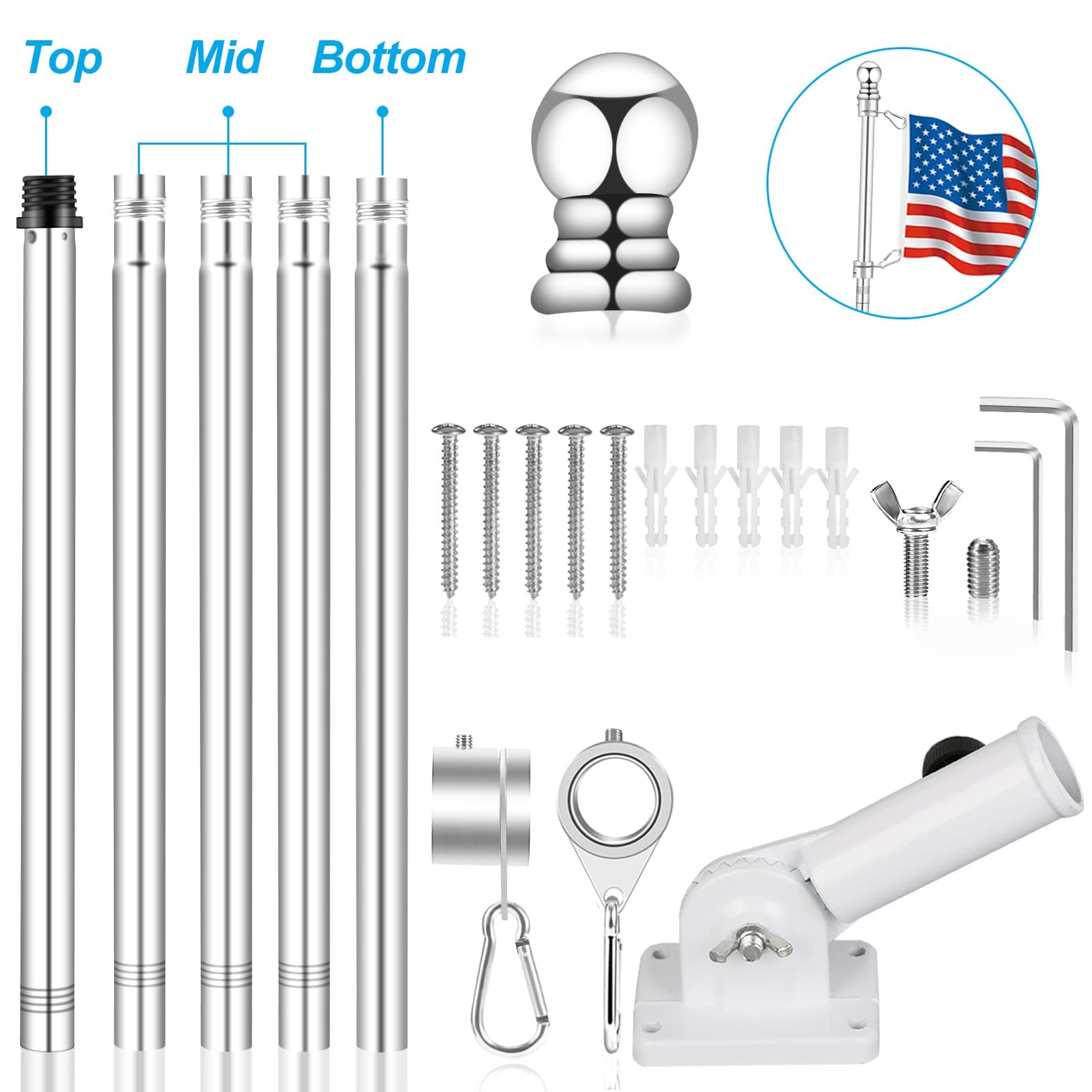 Aoibox 6 Foot Stainless Steel Flag Pole Kit 5 Section Adjustable House ...