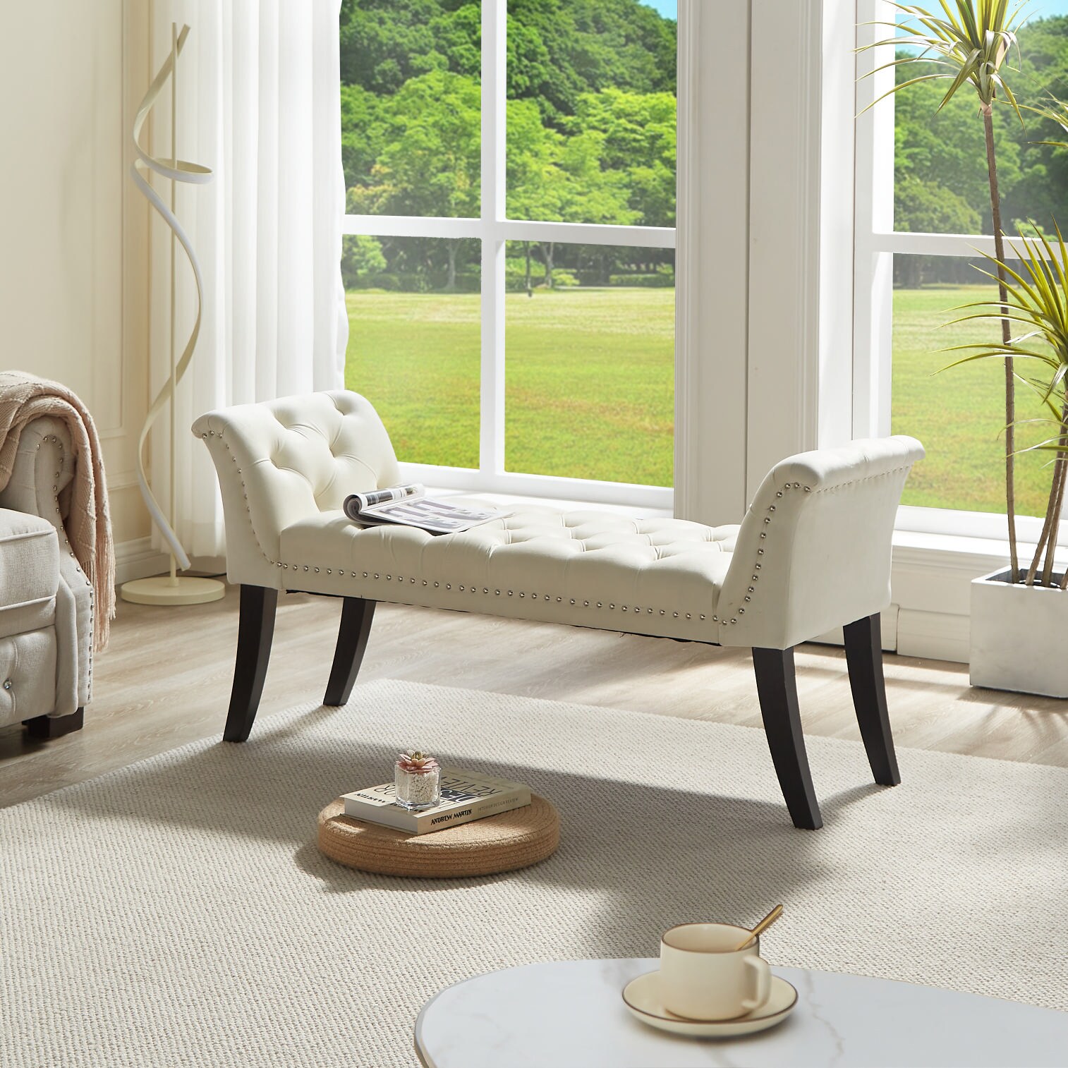 LOVMOR Armrest Button-Tufted Ottoman Bench Beige Velvet Accent Bench in ...