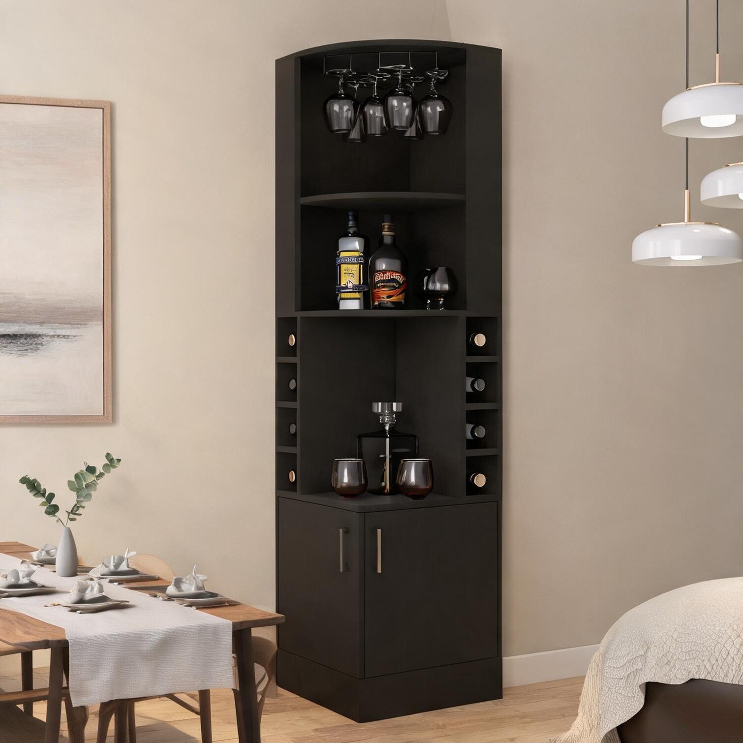 Watnature Industrial Corner Bar Cabinet with Glass Rack and Eight ...