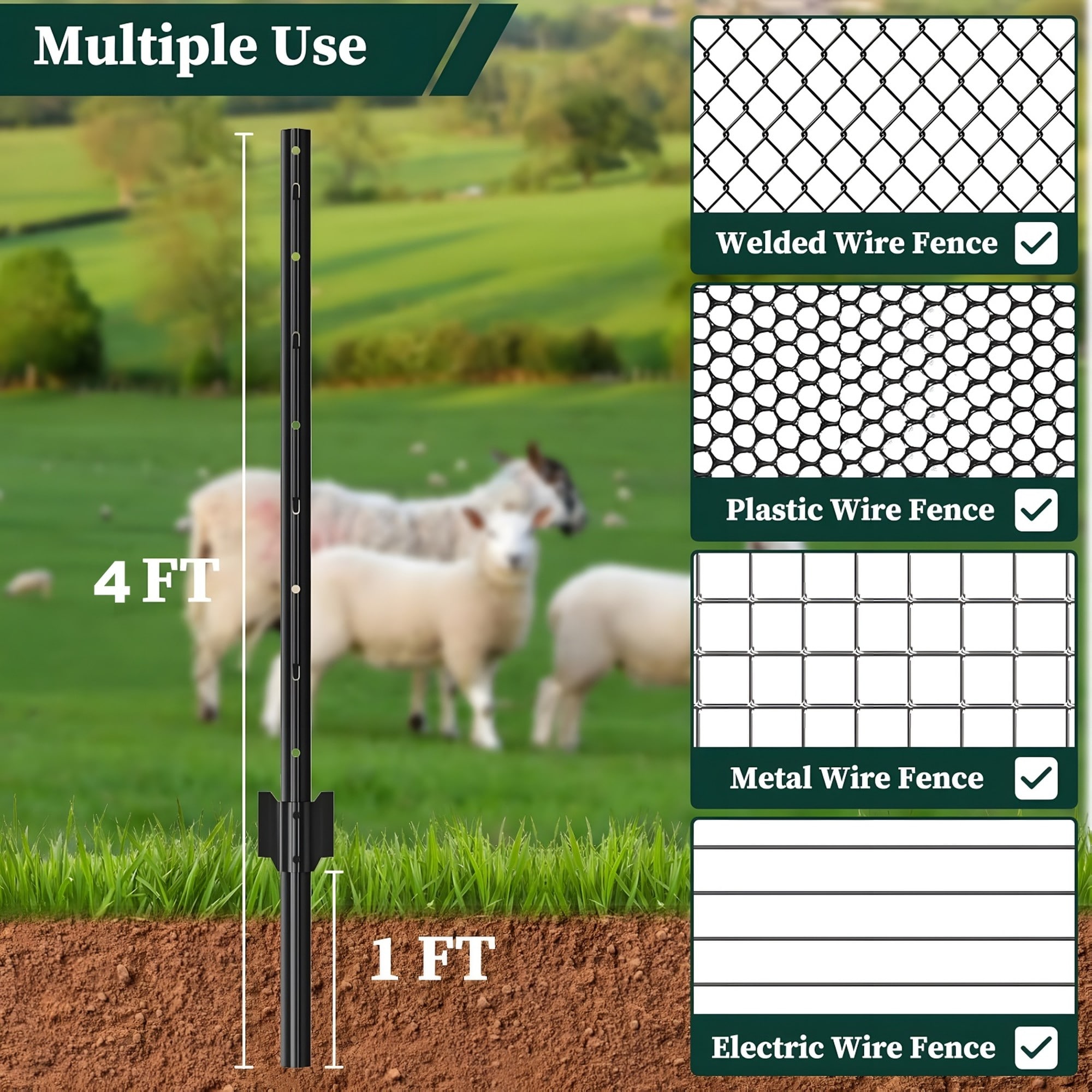 Wudkey Black 4 FT Metal U Fence Posts Set of 10 Heavy Duty No-Dig ...