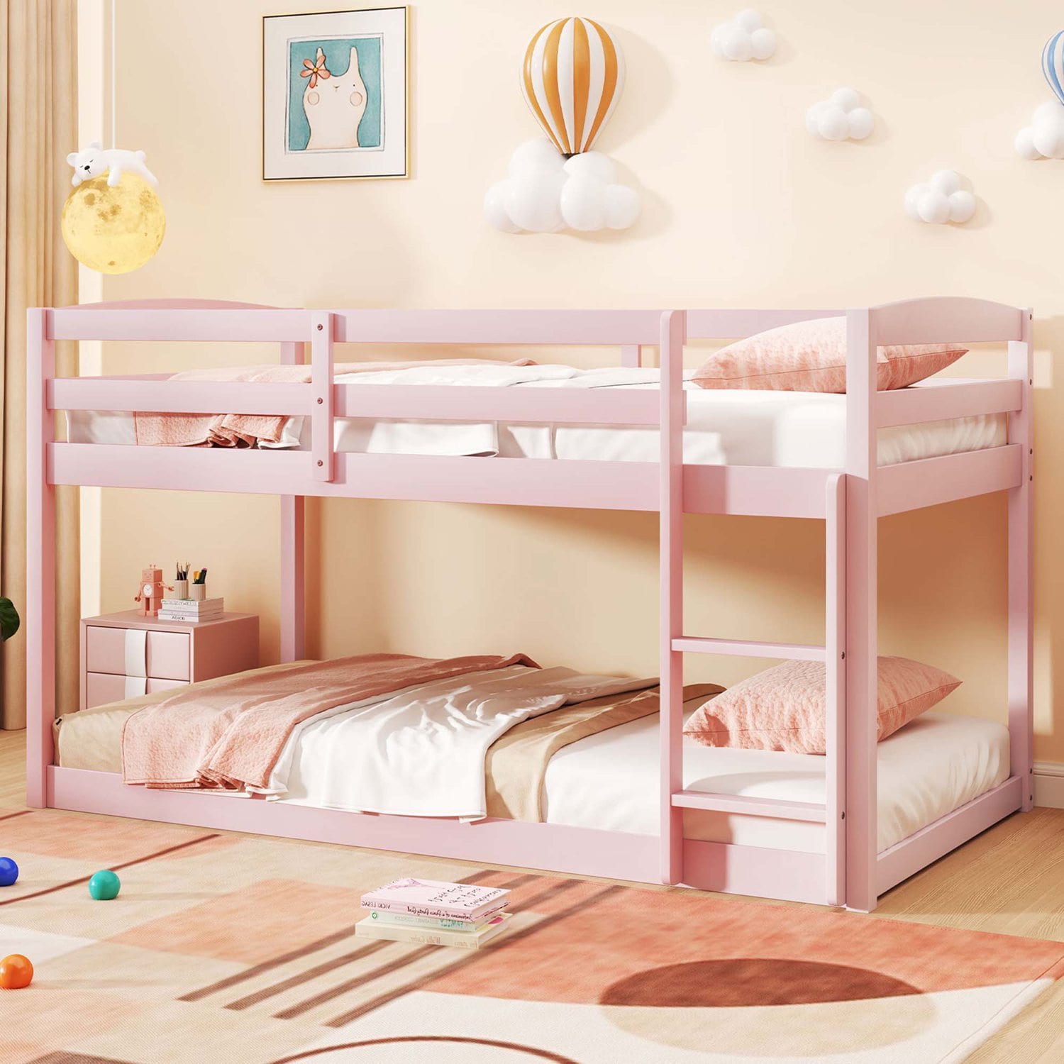 Costway Twin over Twin Low Bunk Bed with Guardrails Integrated Ladder ...
