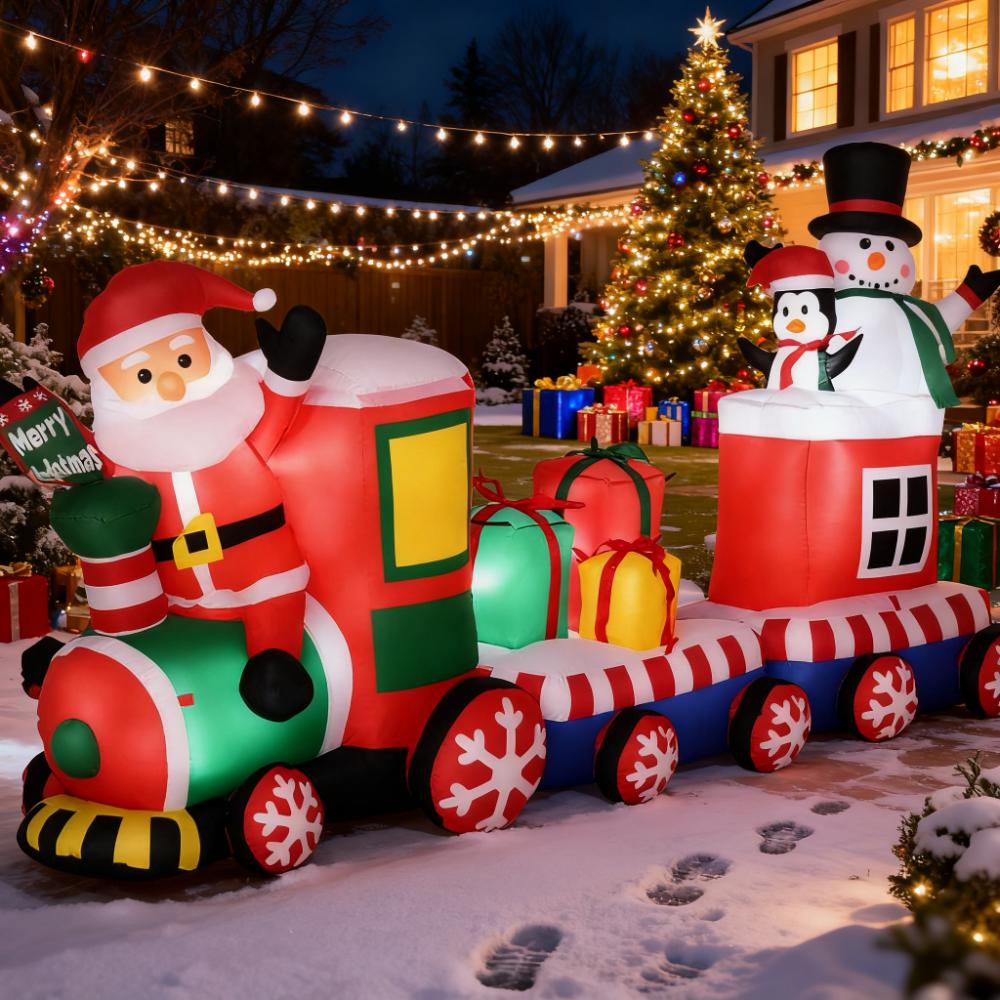 LOVMOR Inflatable Christmas Train with Santa Snowman Penguin Festive ...