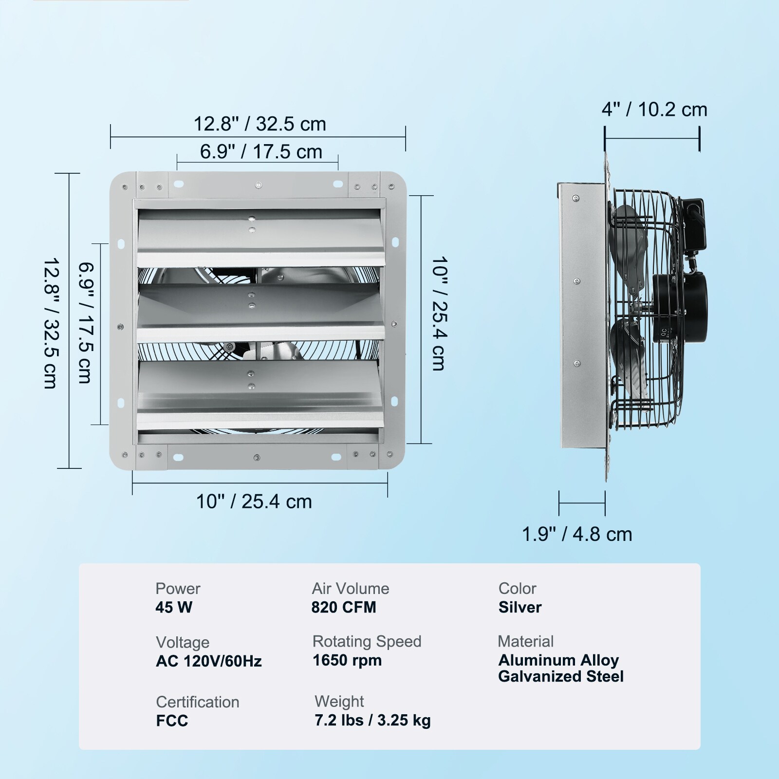 VEVOR 10in Shutter Exhaust Fan High speed 820 CFM Aluminum Wall Mount ...